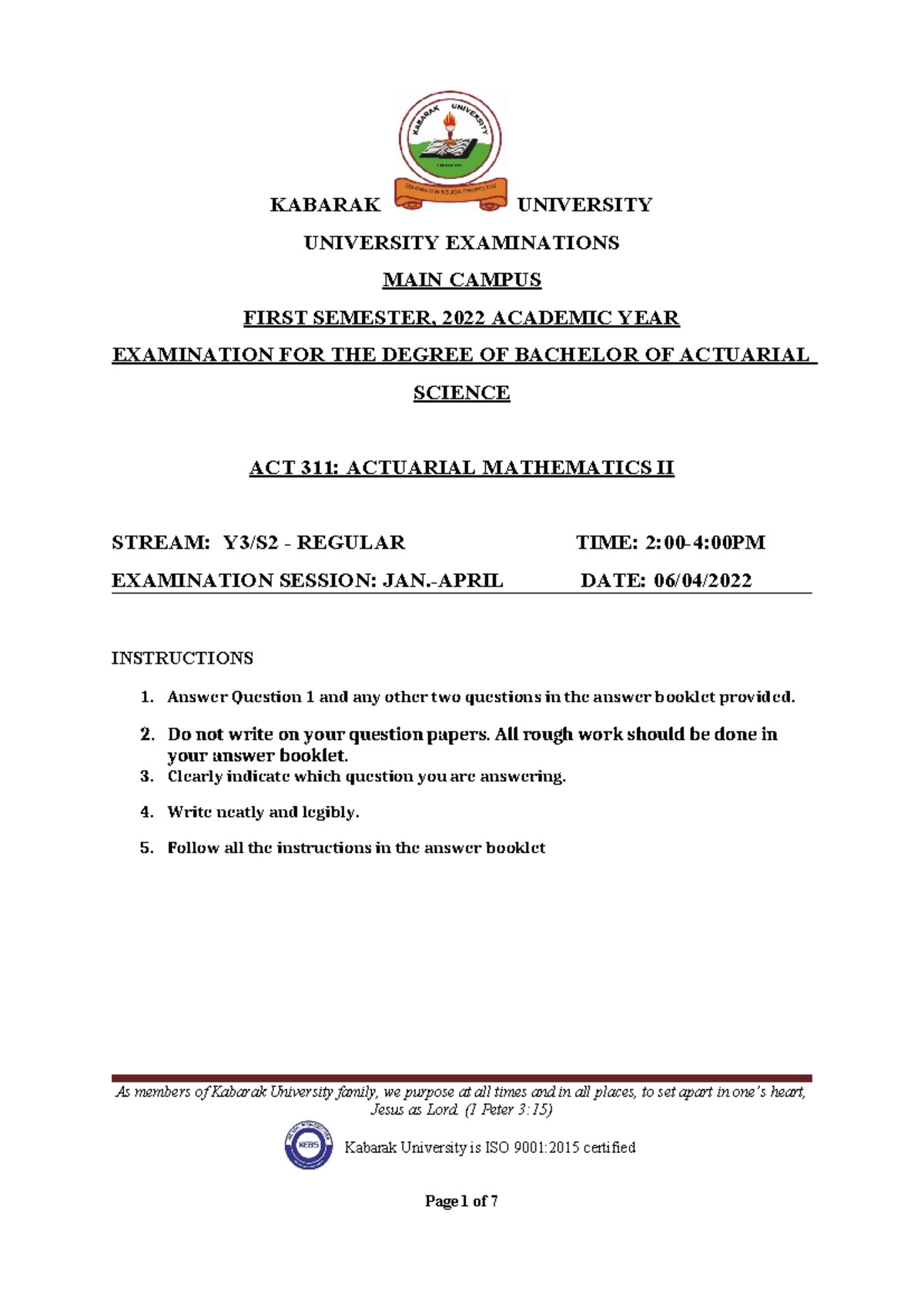 ACTS 311 Actuarial Mathematics II - kabarak university - KABARAK ...