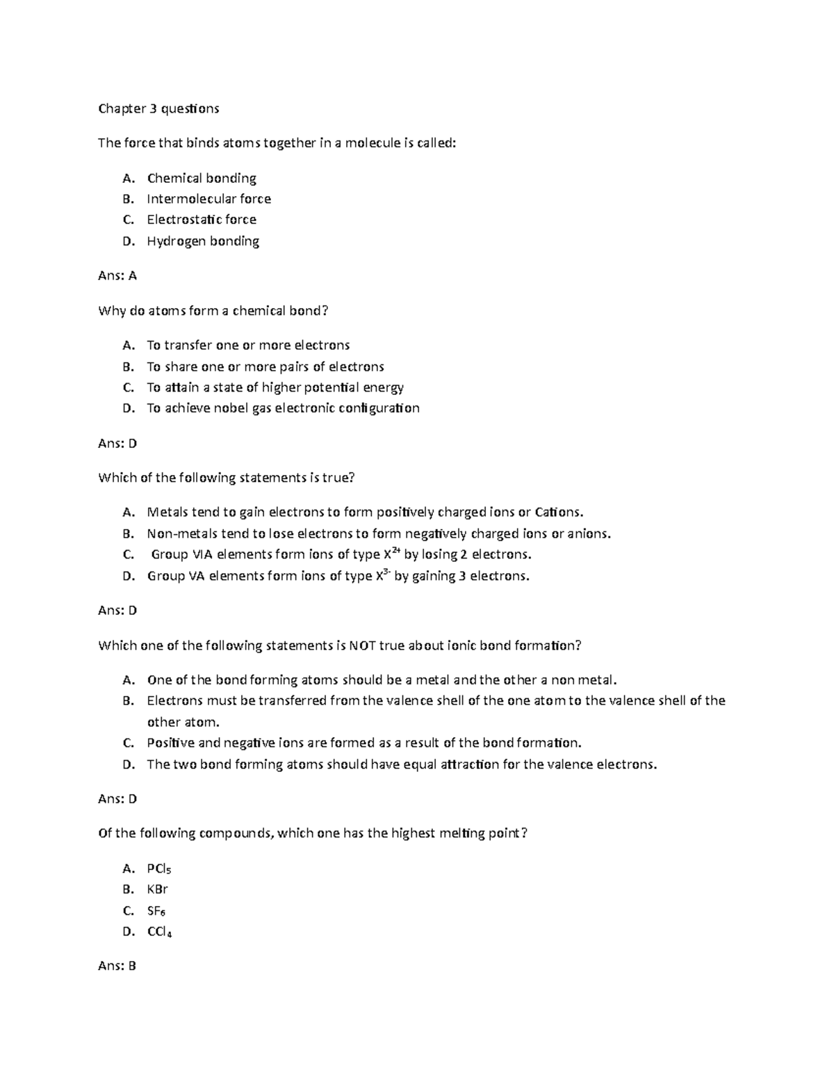 Chapter 3 questions - Chapter 3 questions The force that binds atoms ...
