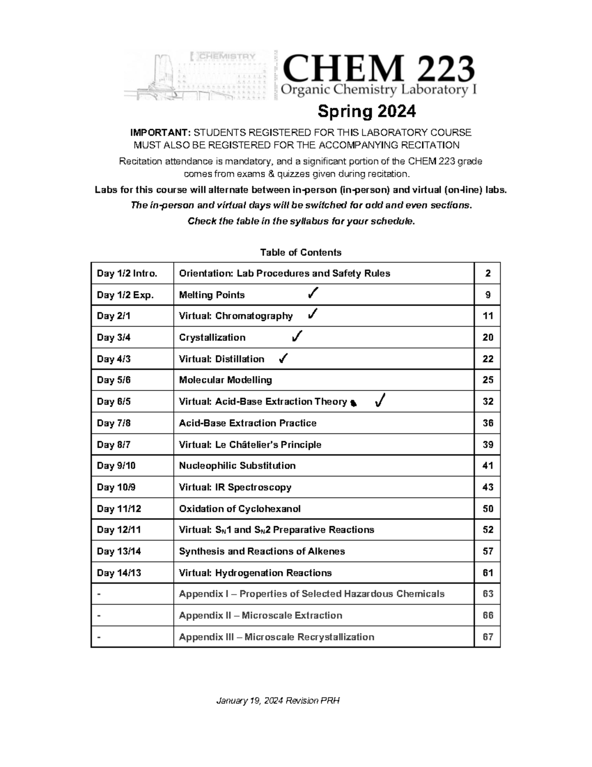 CHEM 223 Lab Manual S24 2 - January 19 , 2024 Revision PRH Spring 2024 ...