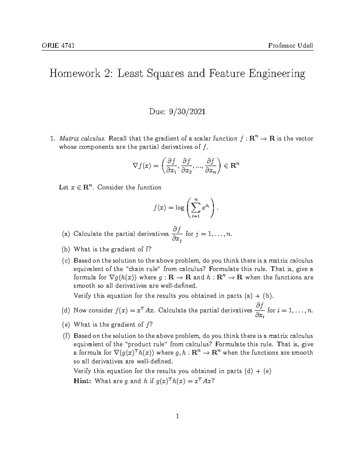 Hw2 - Homework assignment from ORIE 4741 taught by Professor Madeleine Udell during - Homework 2 ...