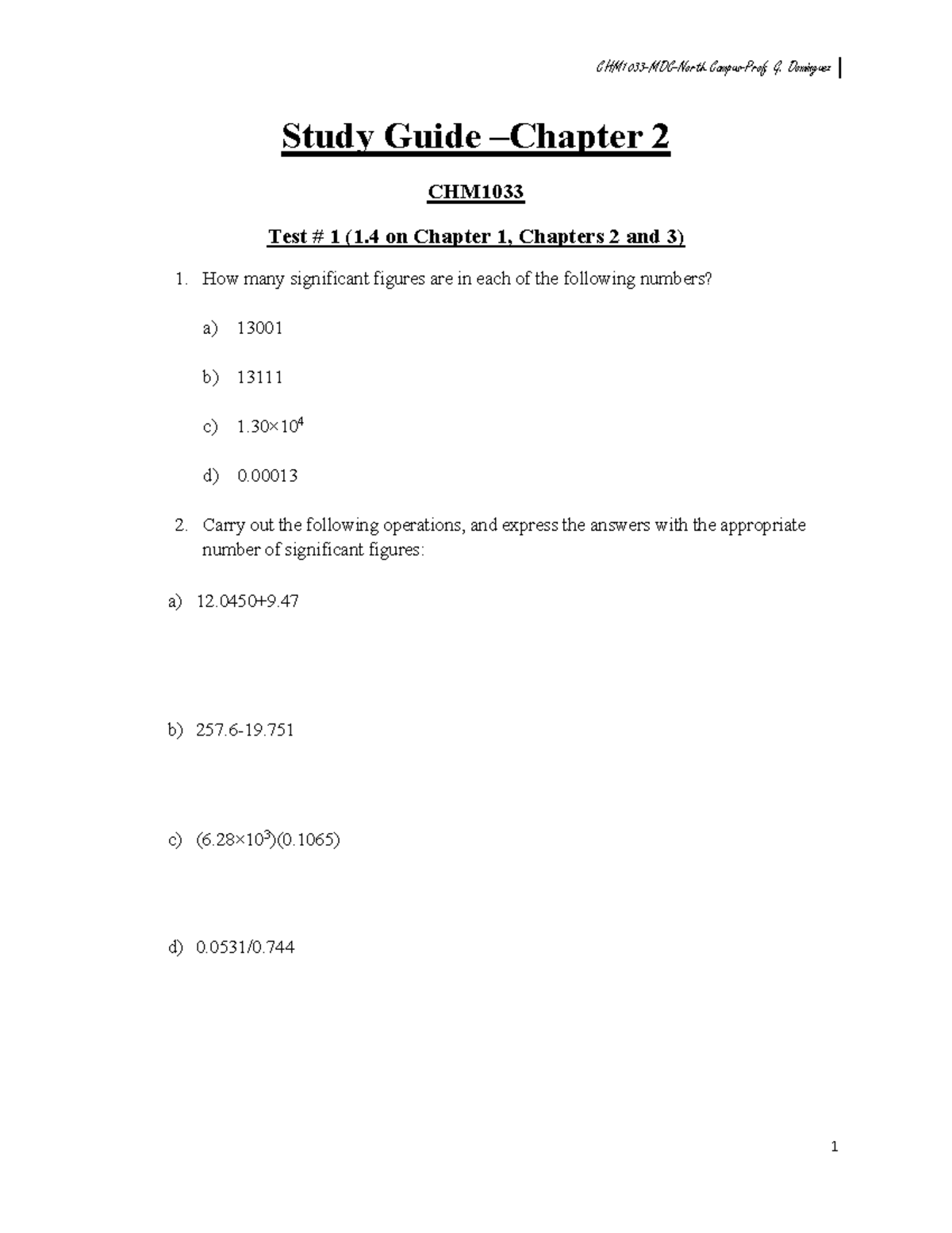 ch.2 study guide key - Study Guide – Chapter 2 CHM Test # 1 (1 on ...