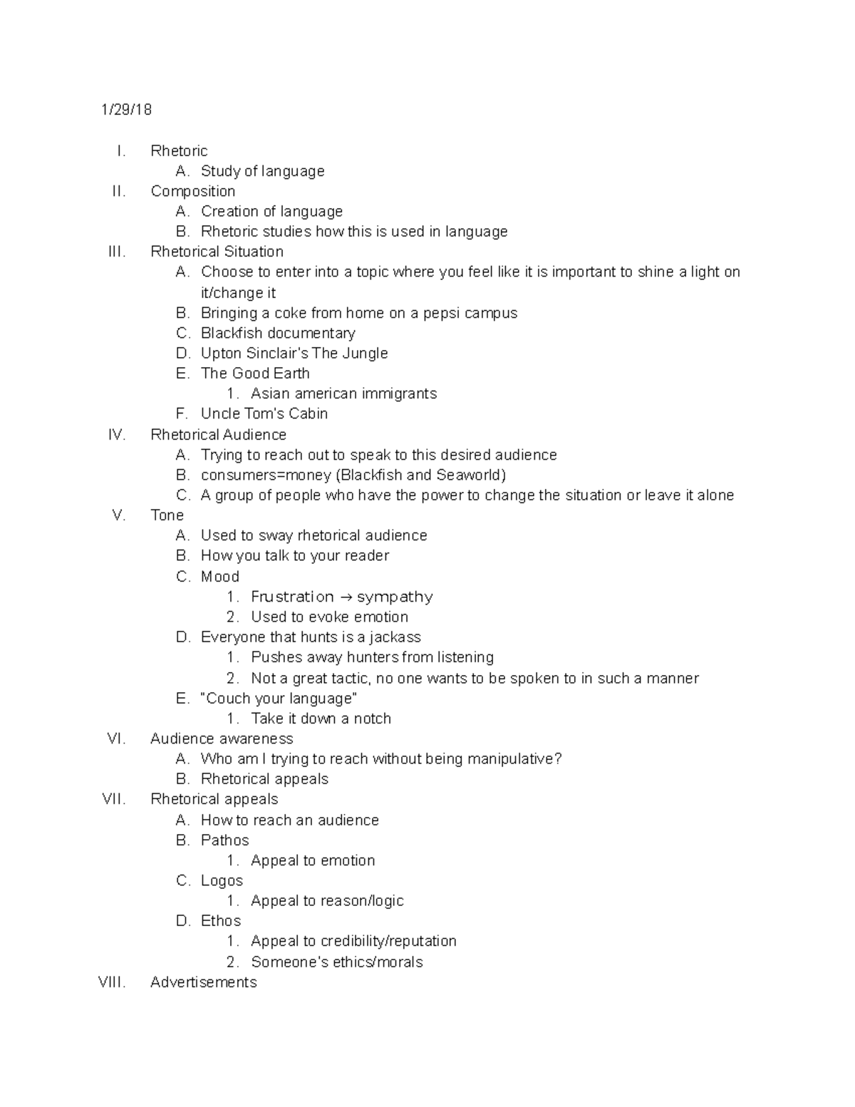 Writing 102 Notes - 1/29/18 I. II. III. IV. V. VI. VII. VIII. Rhetoric ...