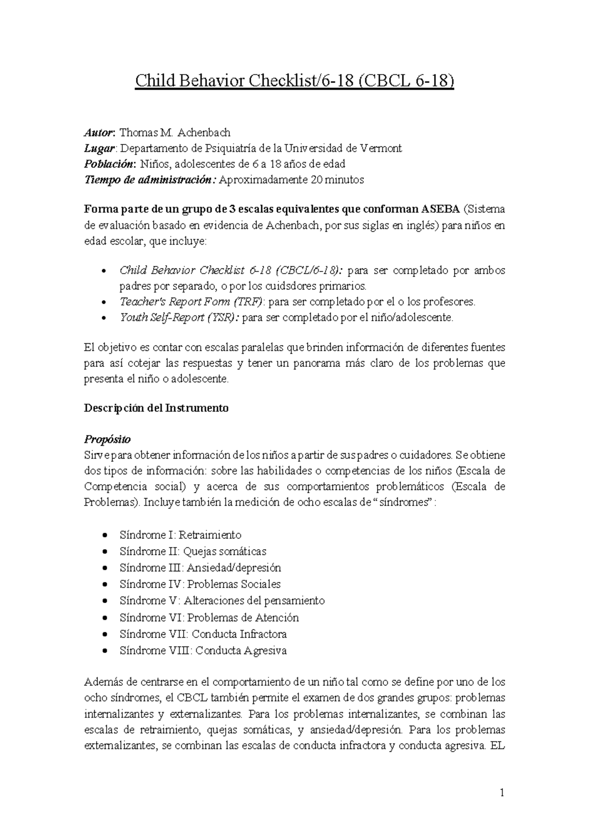 Child Behavior Checklist CBCL - Corrección - Child Behavior Checklist ...