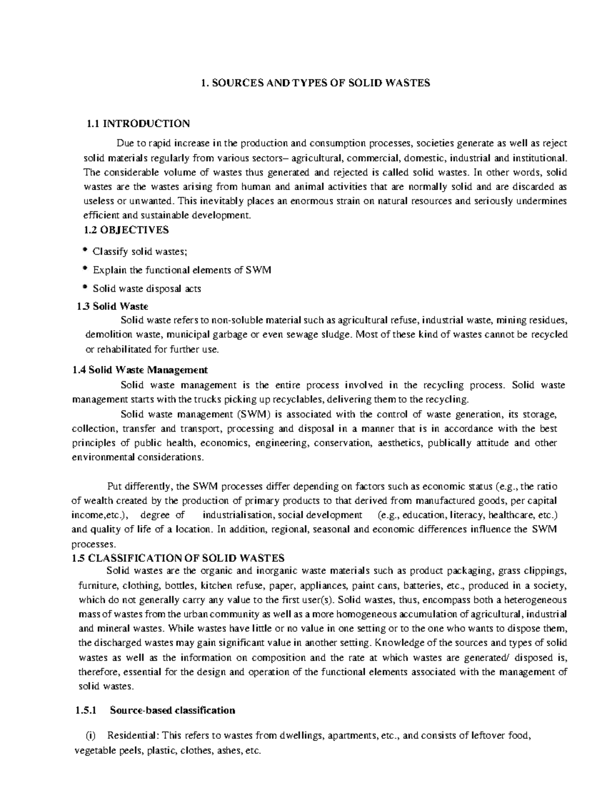 SWM unit 1 - 1. SOURCES AND TYPES OF SOLID WASTES 1 INTRODUCTION Due to ...