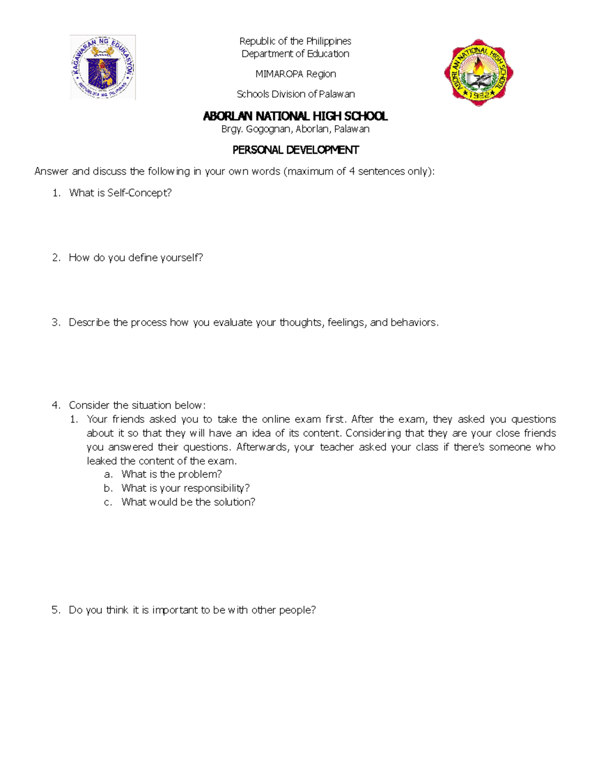 Assessment for Personal Development - Republic of the Philippines ...