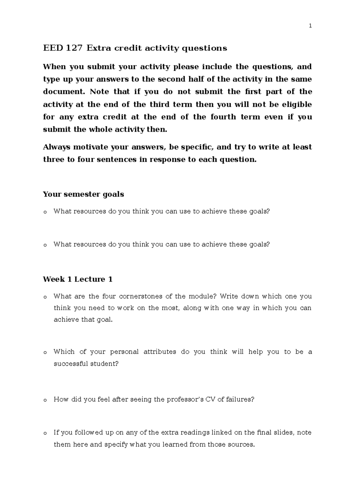 Extra credit activity questions - Note that if you do not submit the ...