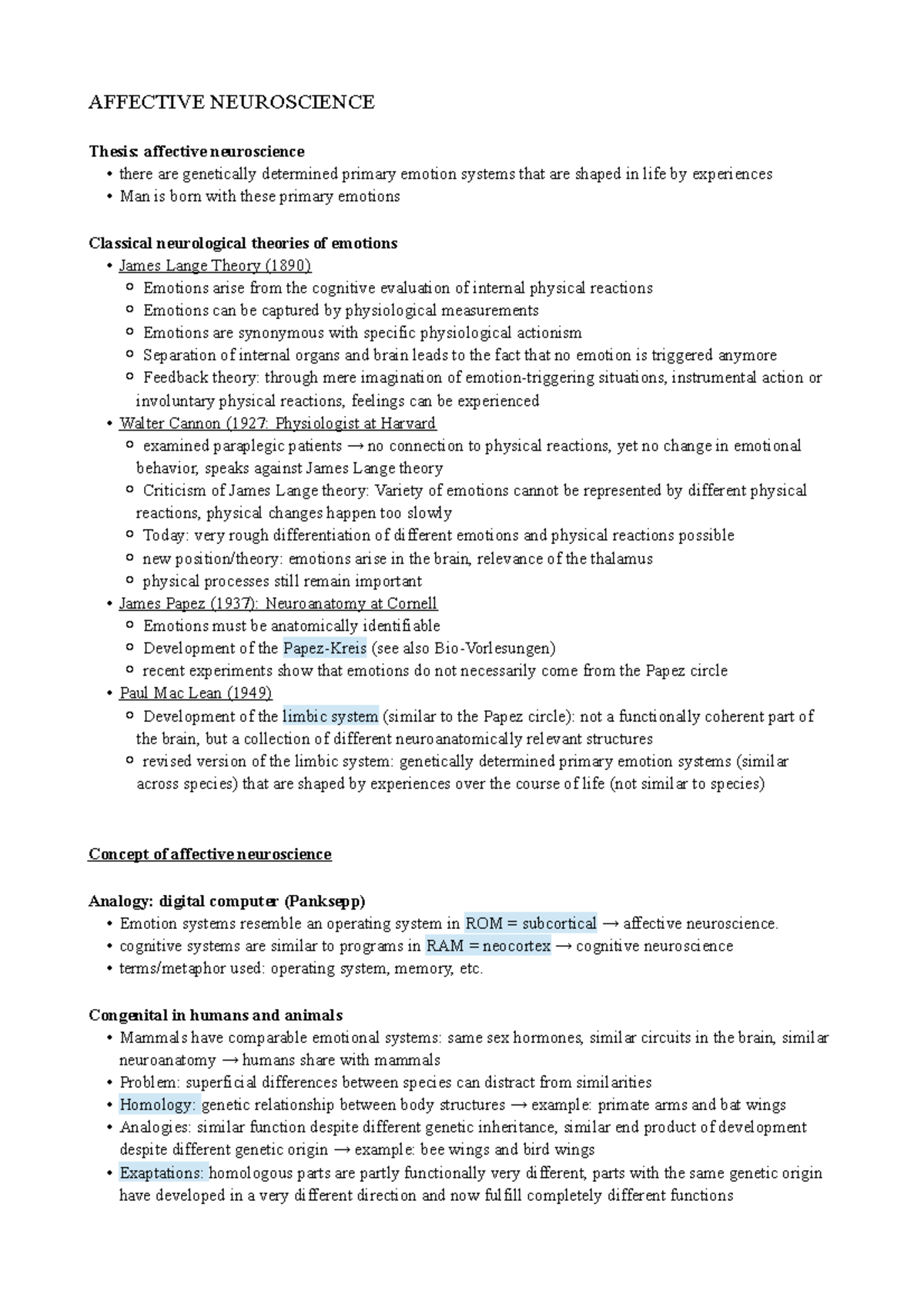 Summary Lecture 9 - Affective Neuroscience - AFFECTIVE NEUROSCIENCE Thesis: affective ...
