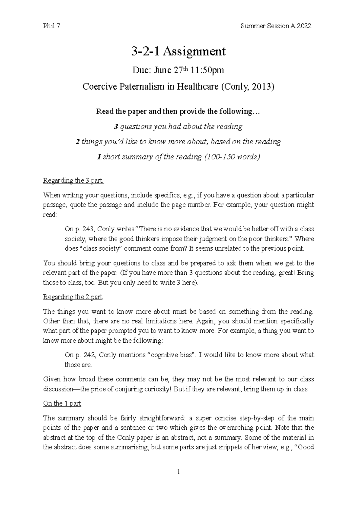 3-2-1 Assignment Paternalism - Phil 7 Summer Session A 2022 3-2-1 ...