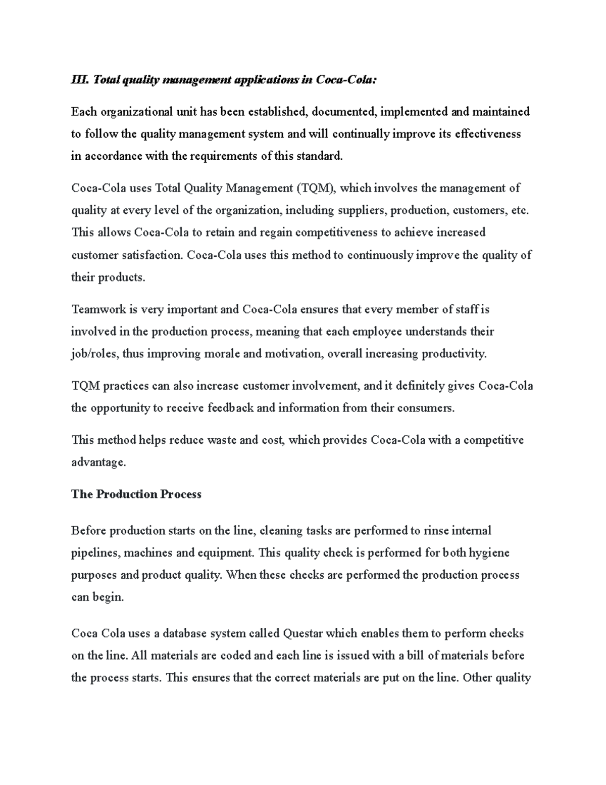 TQM Applications - Coca Cola - III. Total quality management ...