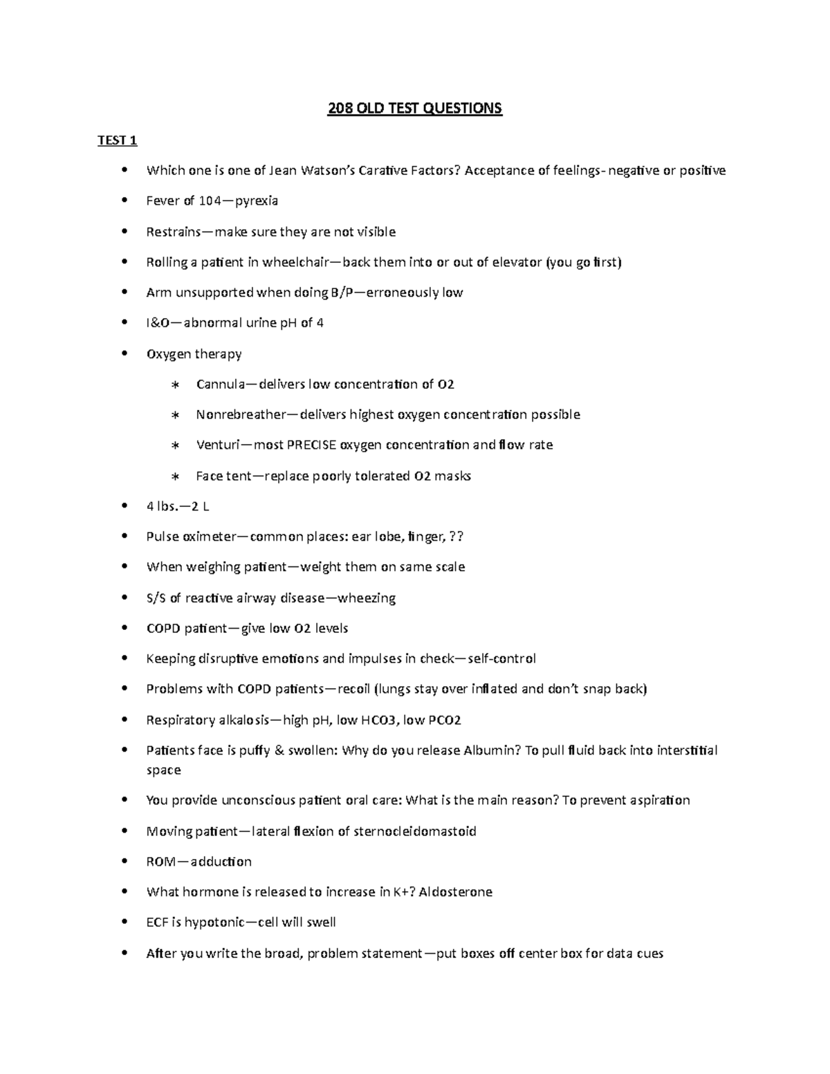 208 old test - susan randol as teacher - 208 OLD TEST QUESTIONS TEST 1 ...