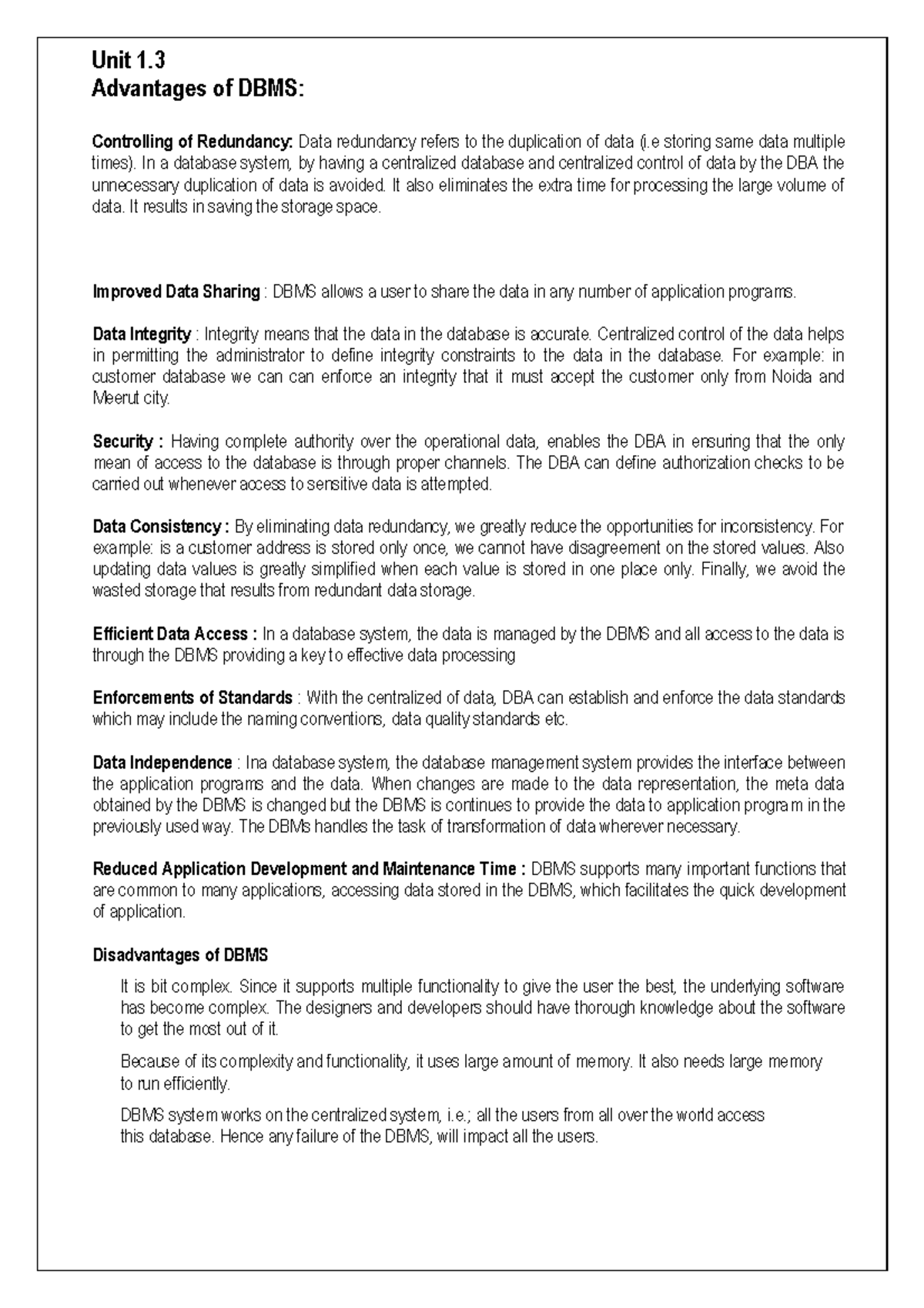 Unit 1 - its short point notes - Unit 1. Advantages of DBMS ...