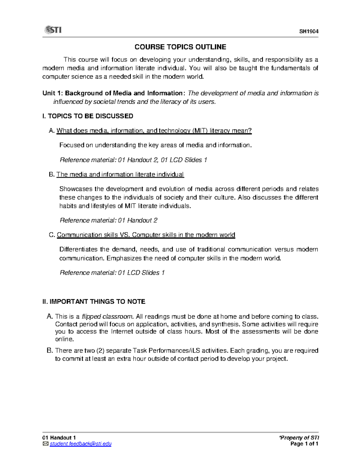 Course Topics Outline MIL - SH 01 Handout 1 *Property of STI student ...