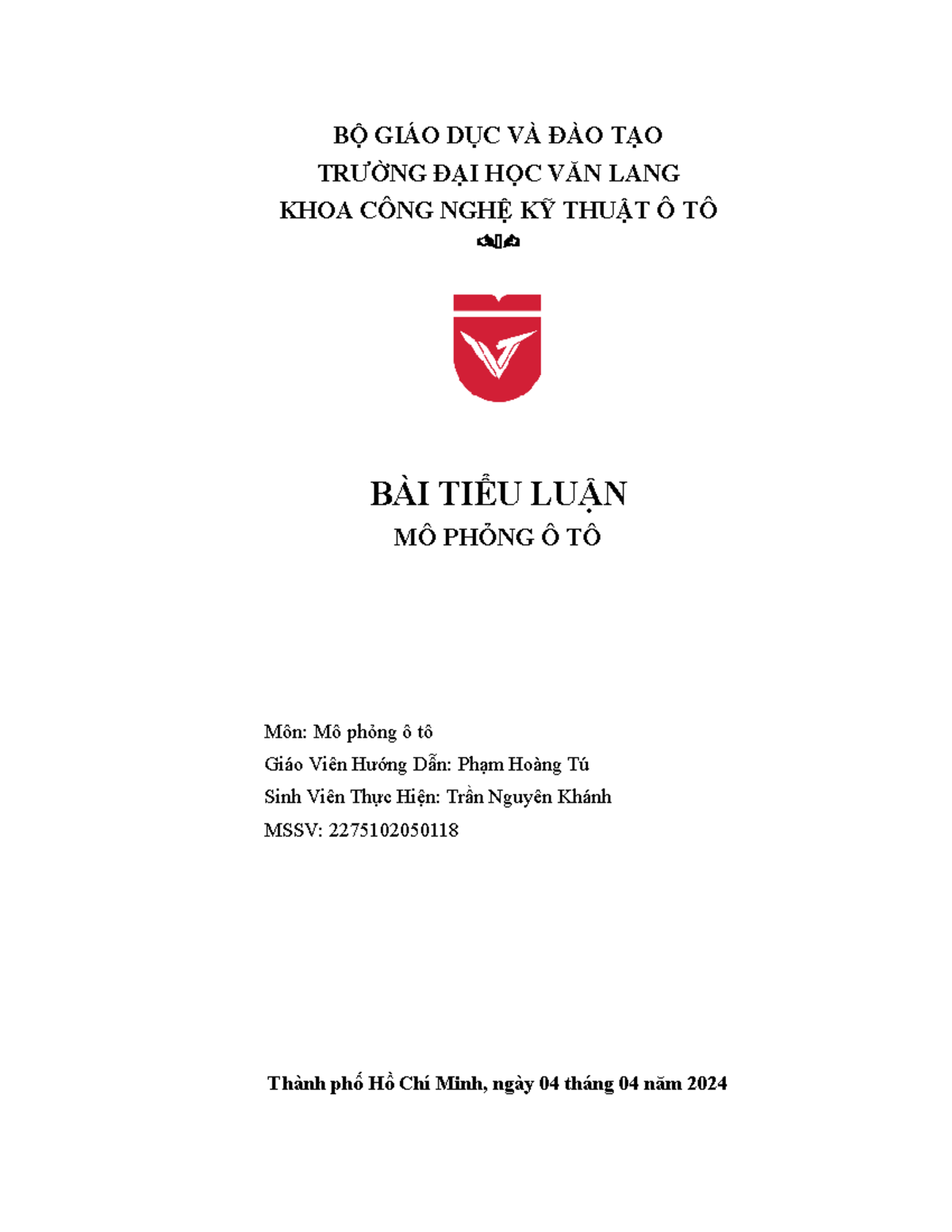 Tiểu luận MPOT - Mô phỏng ô tô - BỘ GIÁO DỤC VÀ ĐÀO TẠO TRƯỜNG ĐẠI HỌC ...