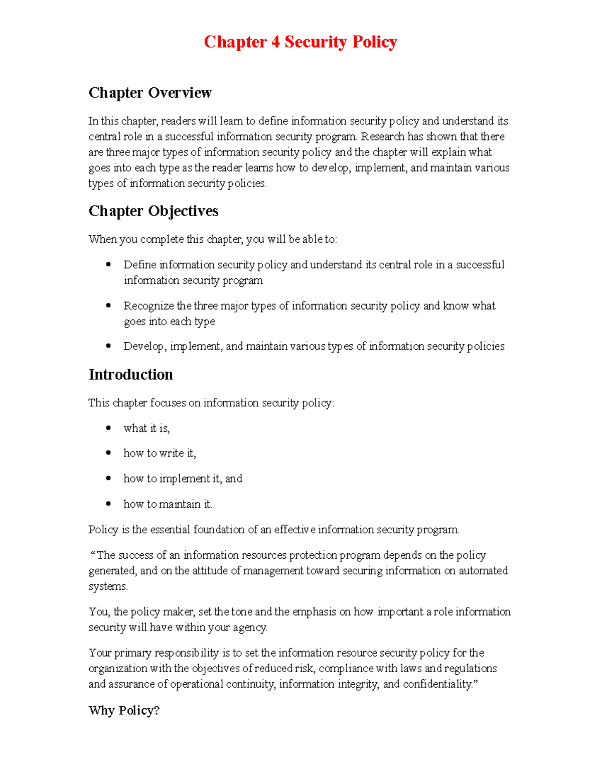 Ch04 Security Policy - Chapter 4 Security Policy Chapter Overview In this chapter, readers will ...