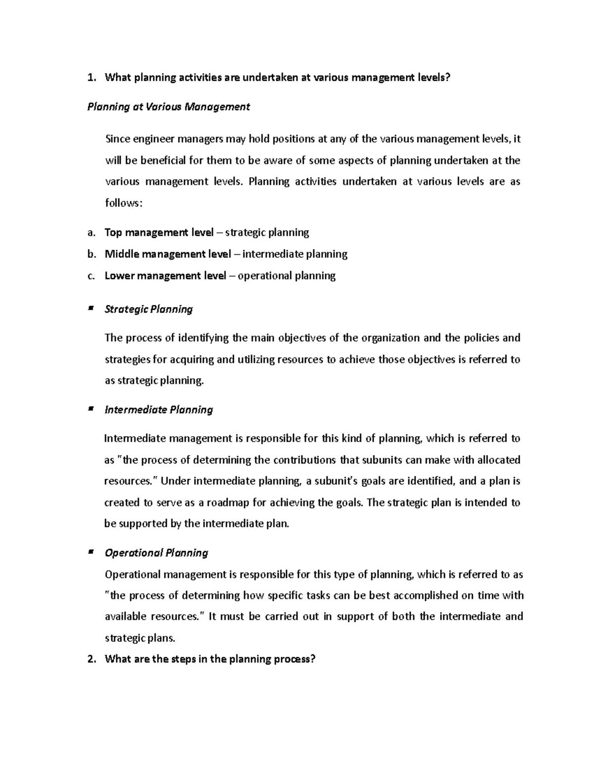 Engineering Management - What planning activities are undertaken at ...