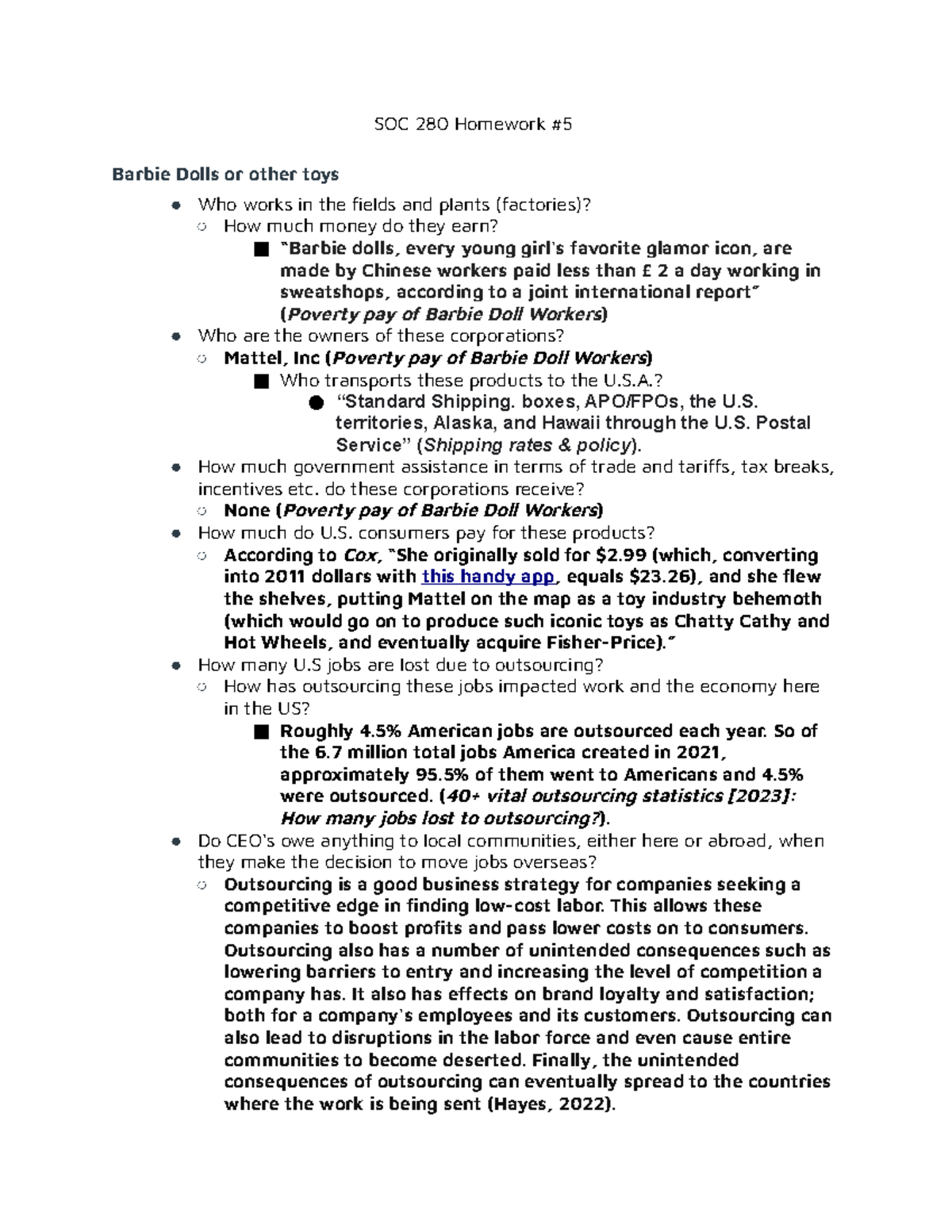 SOC 280 Homework #5 - SOC 280 Homework # Barbie Dolls or other toys Who ...