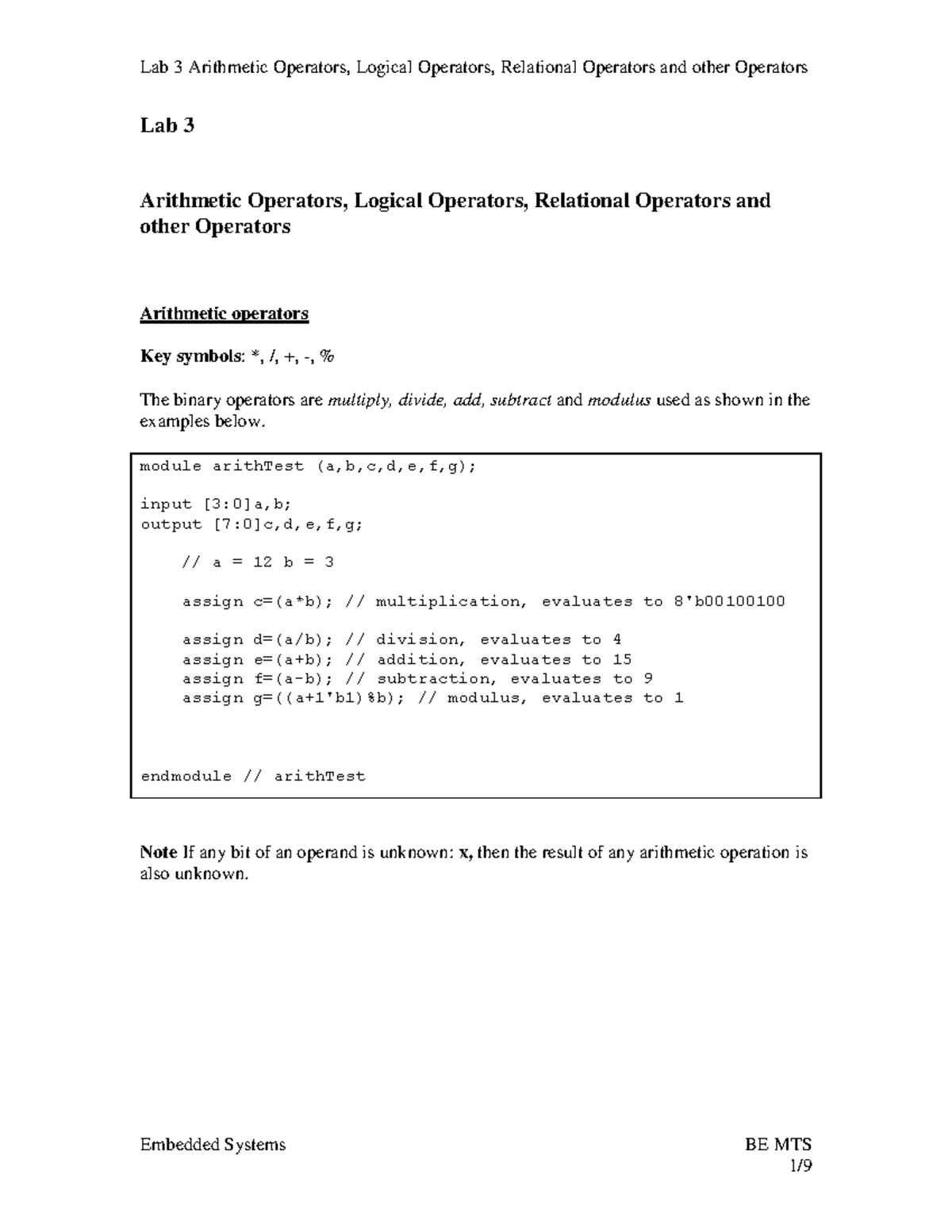 Lab 3 - DLD LAB #3 - Embedded Systems BE MTS Lab 3 Arithmetic Operators, Logical Operators ...