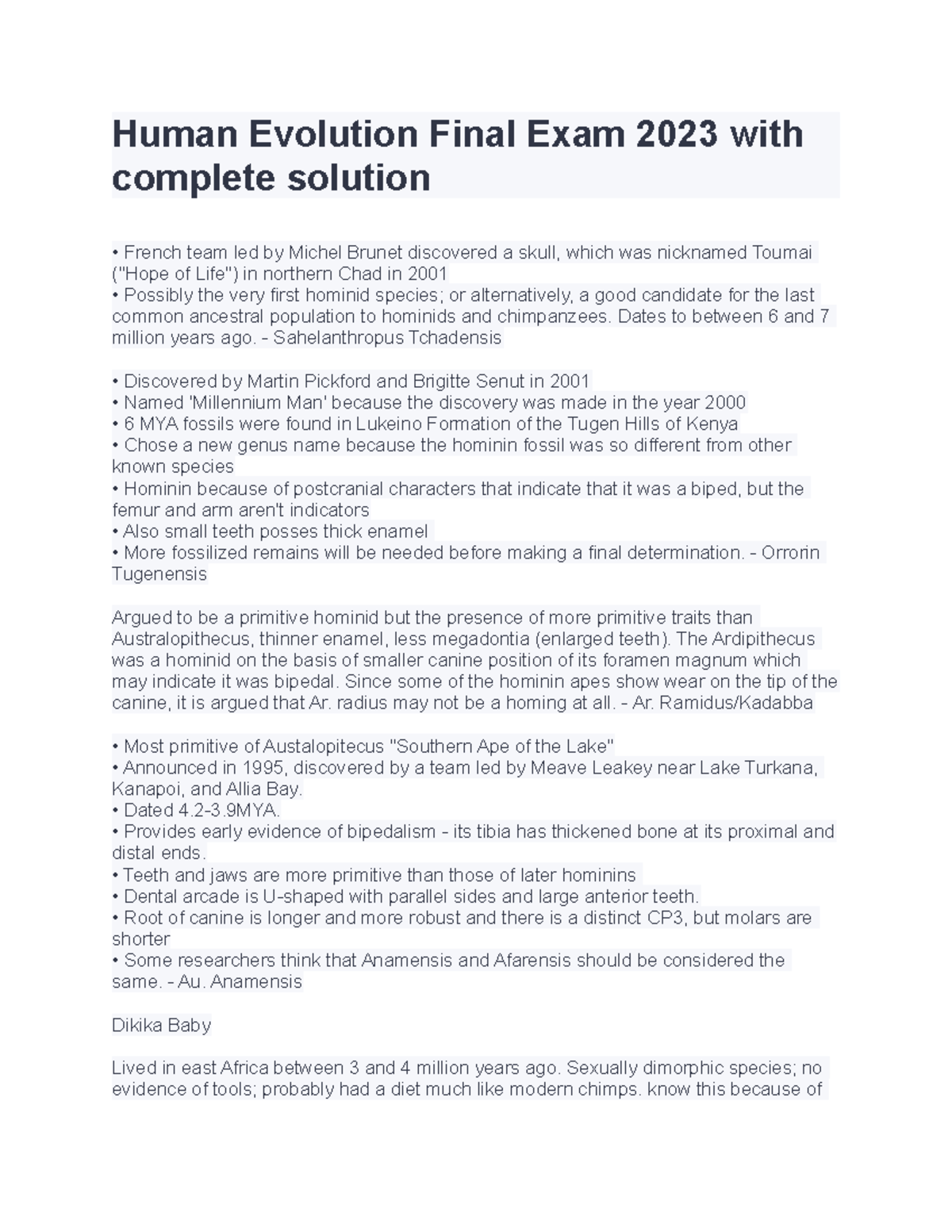 Human Evolution Final Exam 2023 with complete solution - Dates to ...