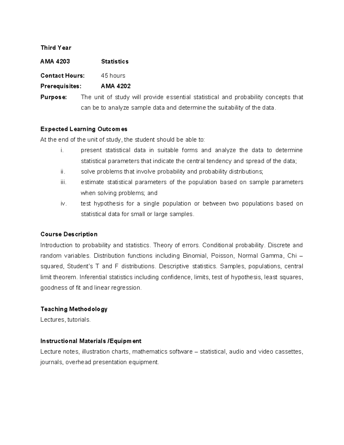 Statistisctics AMA4203 course outline - Third Year AMA 4203 Statistics ...