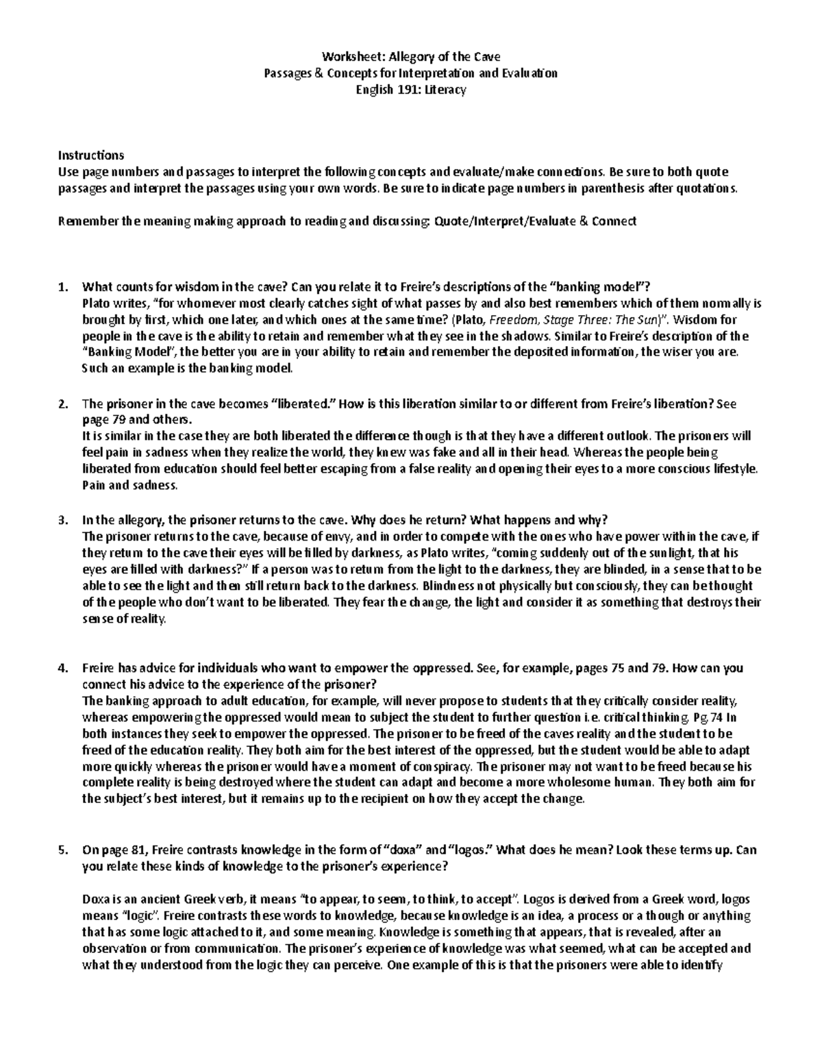 Worksheet 4 Cave - Worksheet: Allegory of the Cave Passages & Concepts ...