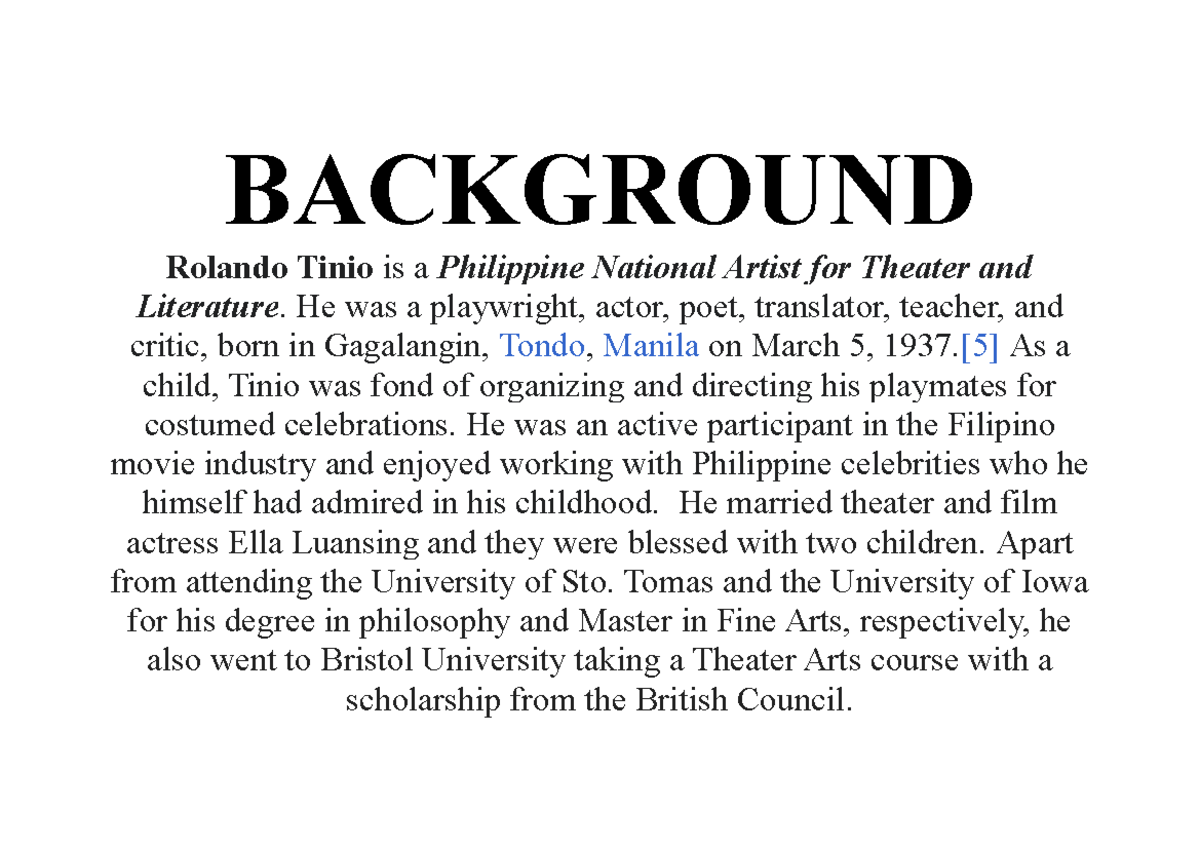 Rolando Tinio - KJNHNIHUH9P[9I - BACKGROUND Rolando Tinio is a Philippine National Artist for ...