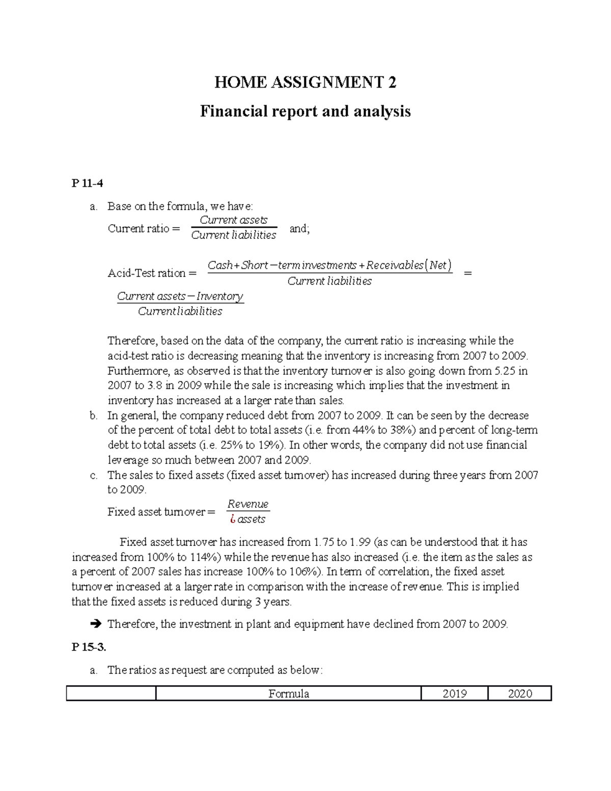 HOME Assignment 2 - HOME ASSIGNMENT 2 Financial report and analysis P ...