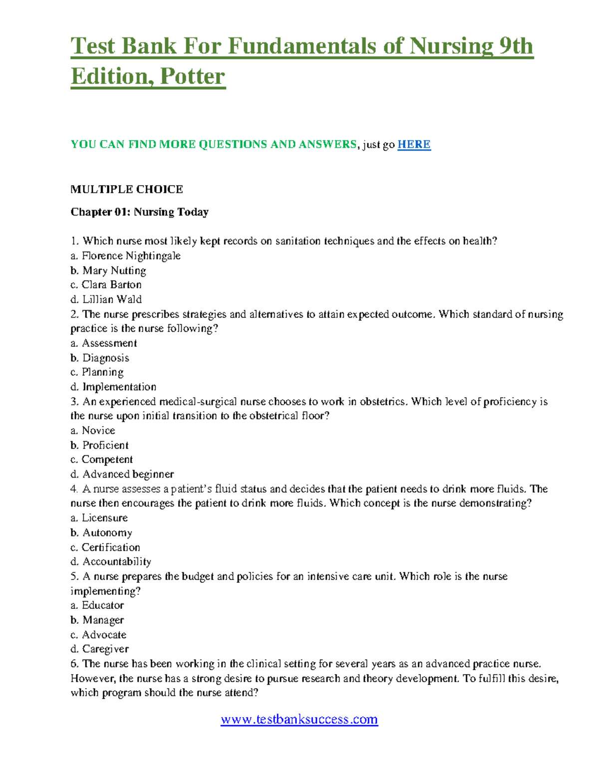 Toaz - Bank - Test Bank For Fundamentals of Nursing 9th Edition, Potter ...