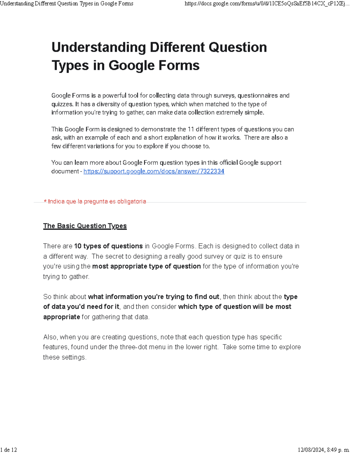 Google Forms - sample of test - The Basic Question Types There are 10 ...