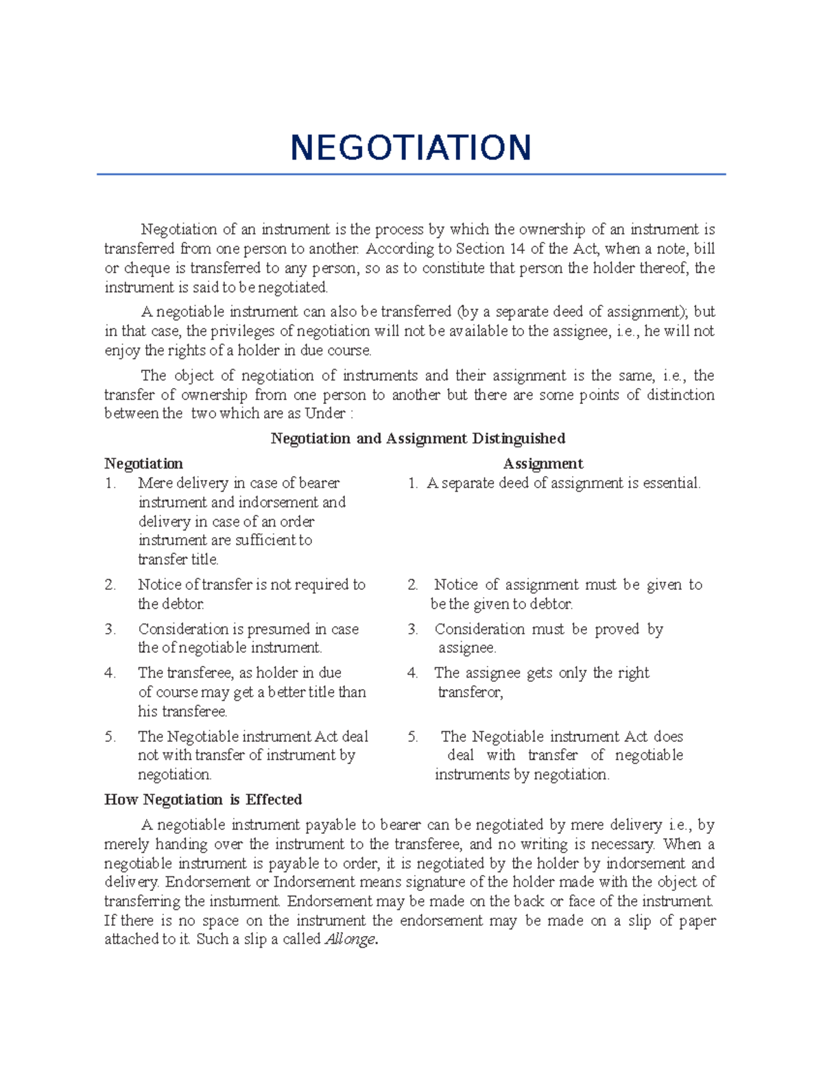 Brief NOTE ON Negotiation - NEGOTIATION Negotiation of an instrument is ...