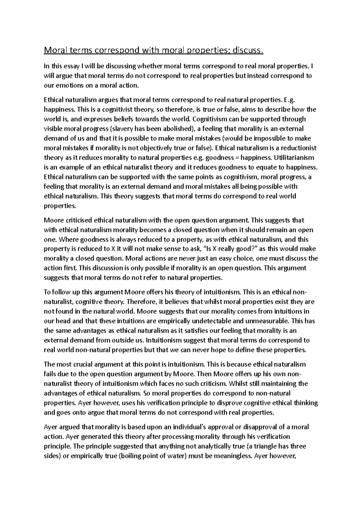 Meta-Ethics-Essay - Meta-Ethics-Essay - Moral terms correspond with ...