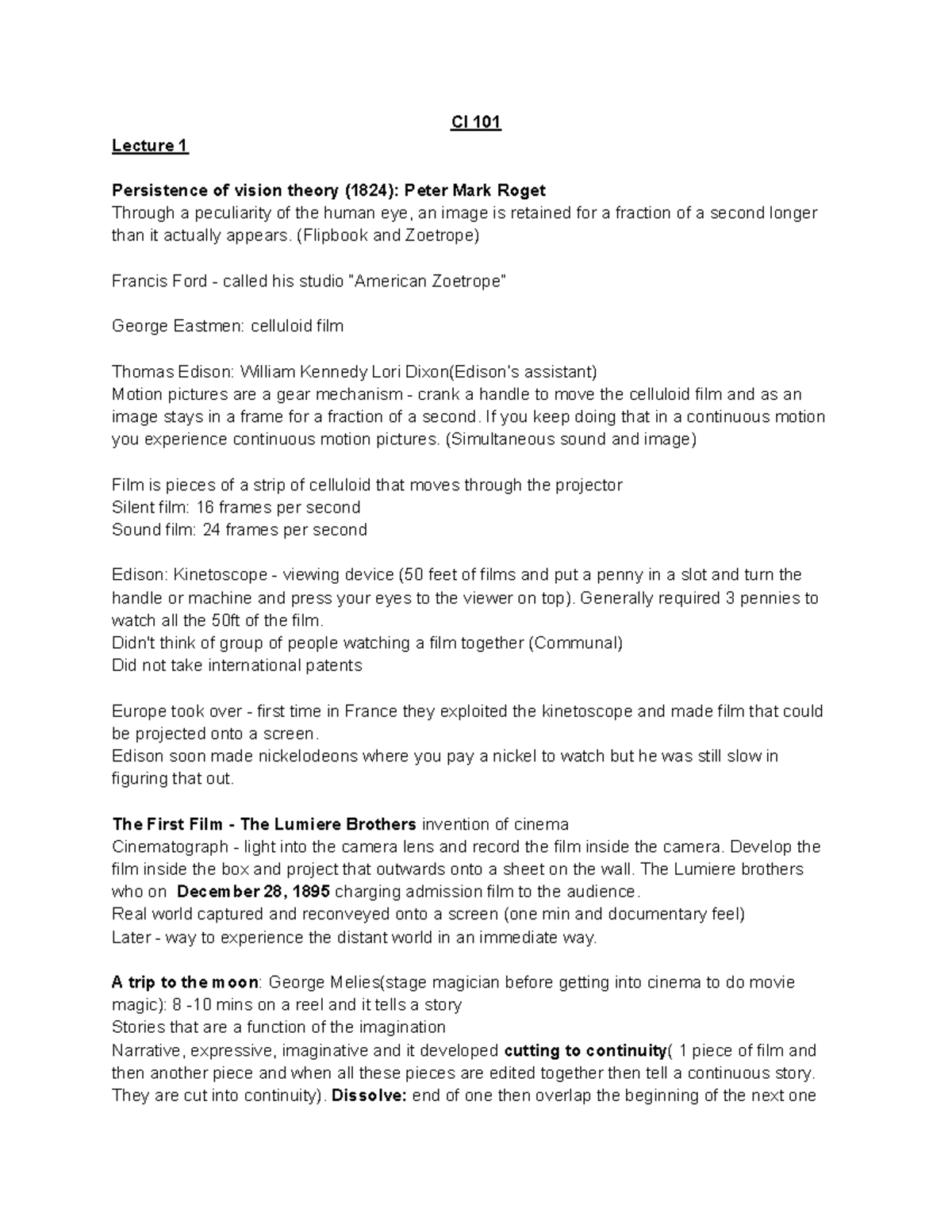 CI101 notes - CI 101 Lecture 1 Persistence of vision theory (1824 ...