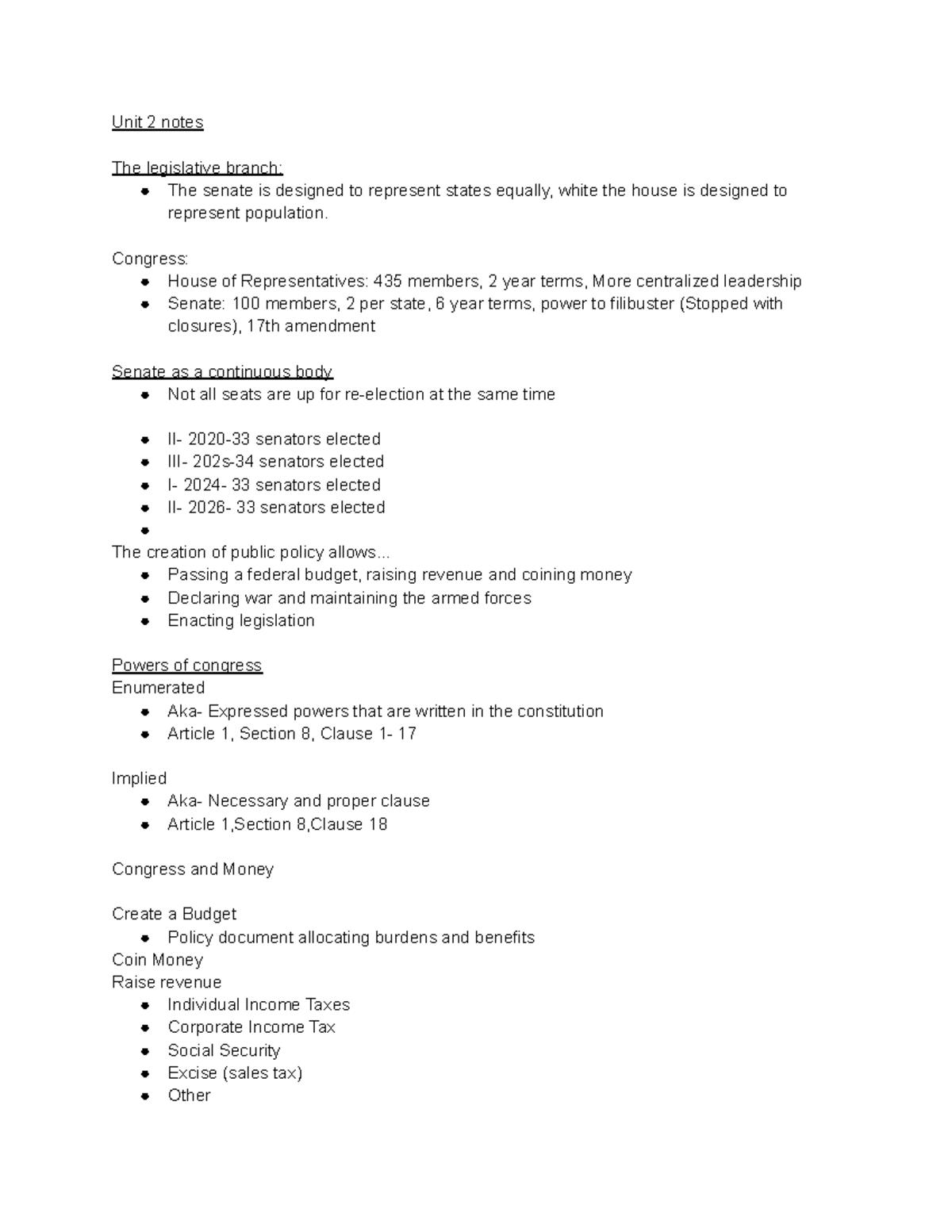 Unit 2 History notes - Unit 2 notes The legislative branch: The senate ...