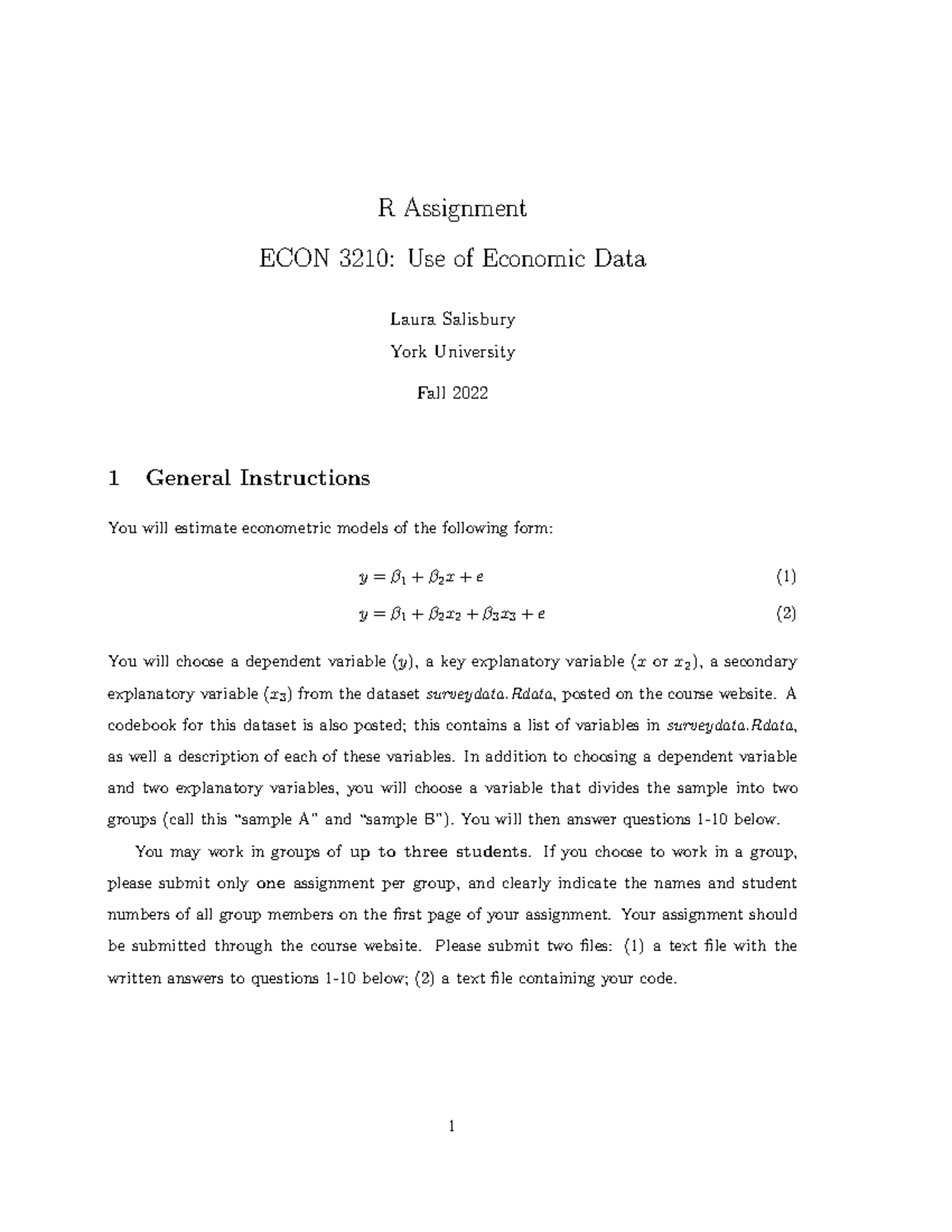 R Assignment - Ap/Econ 3210 - Yorku - Studocu