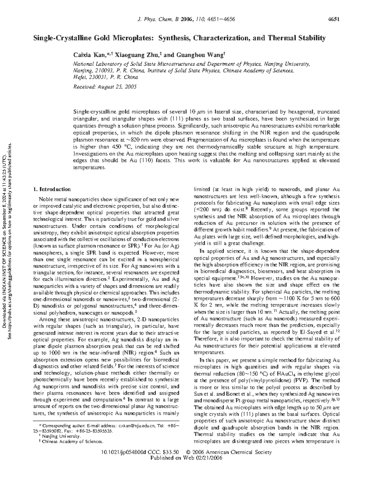Kan et al 2006 single crystalline gold microplates synthesis ...