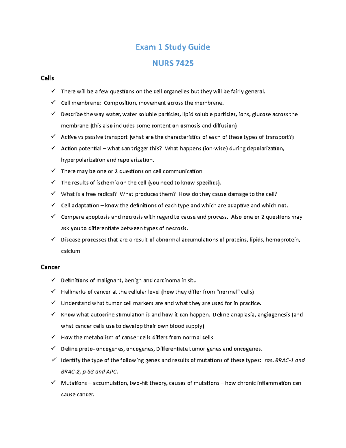 Exam 1 Study Guide - Exam 1 Study Guide NURS 7425 Cells There will be a ...