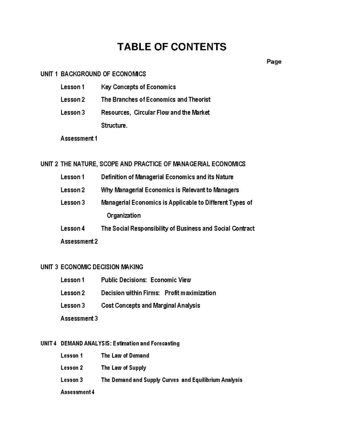 Background of Economics - TABLE OF CONTENTS Page UNIT 1 BACKGROUND OF ECONOMICS Lesson 1 Key ...