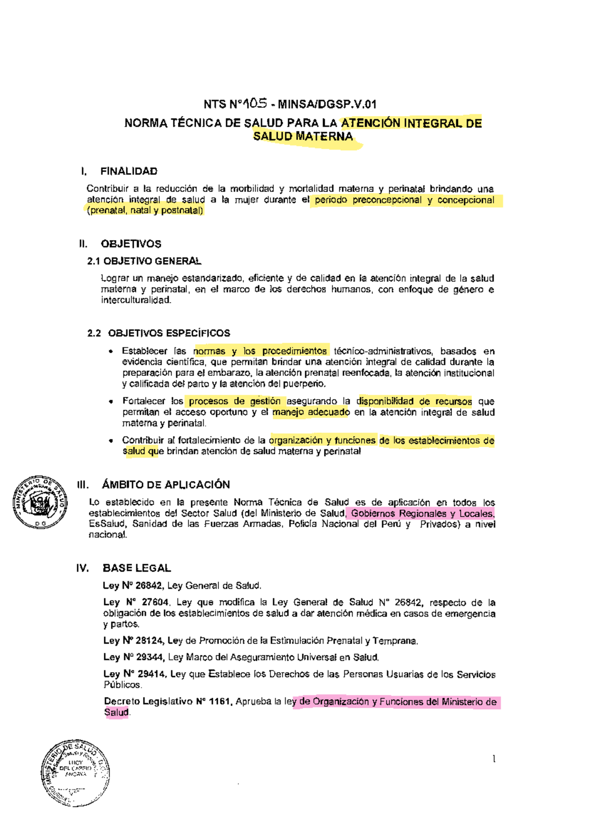 Norma Tecnica 105-2013- Minsa - Ginecología - Studocu