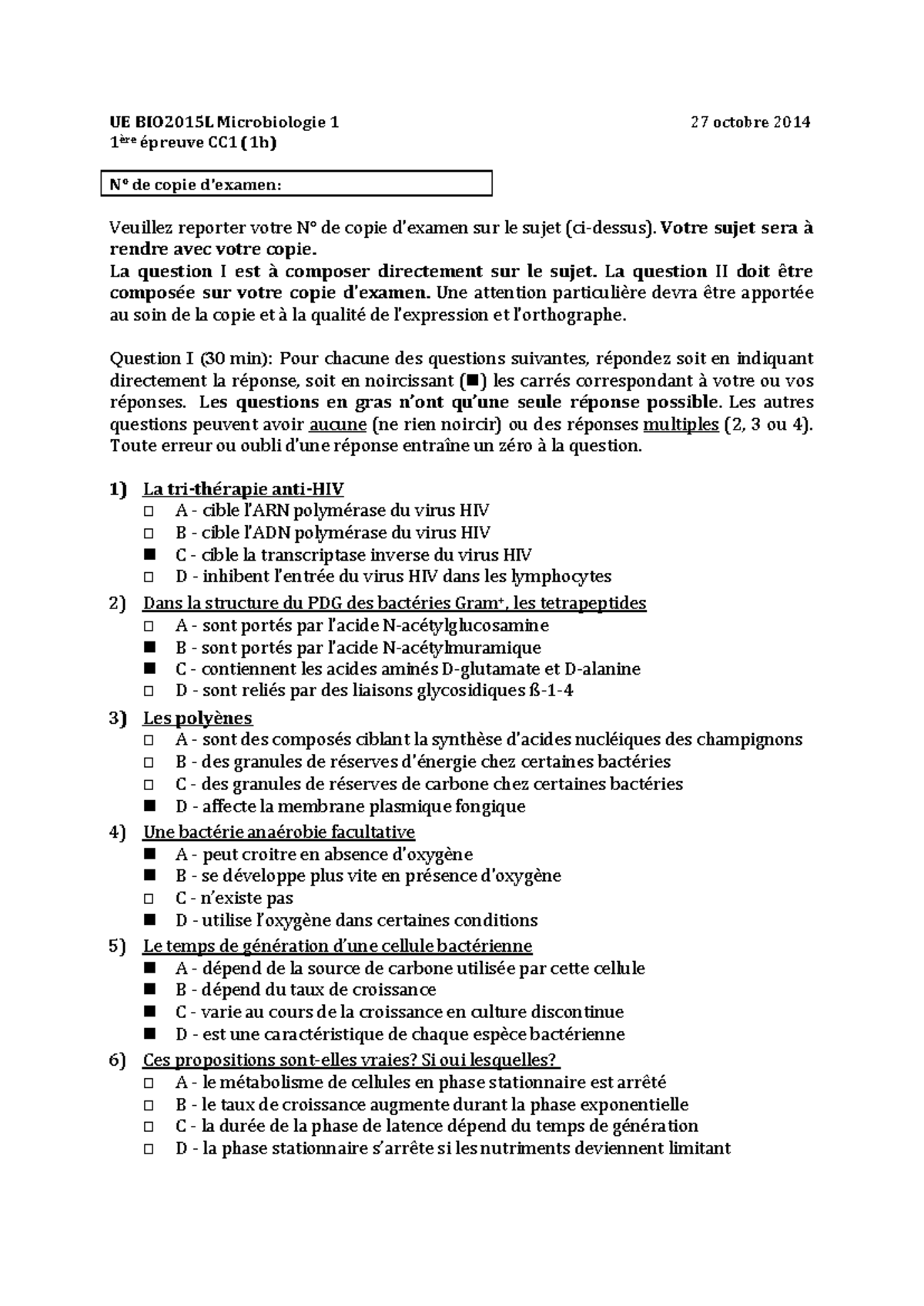 CC1+Printemps+2015 +corrigé - UE BIO2015L Microbiologie 1 27 octobre 2014 1 ère épreuve CC1 (1h ...
