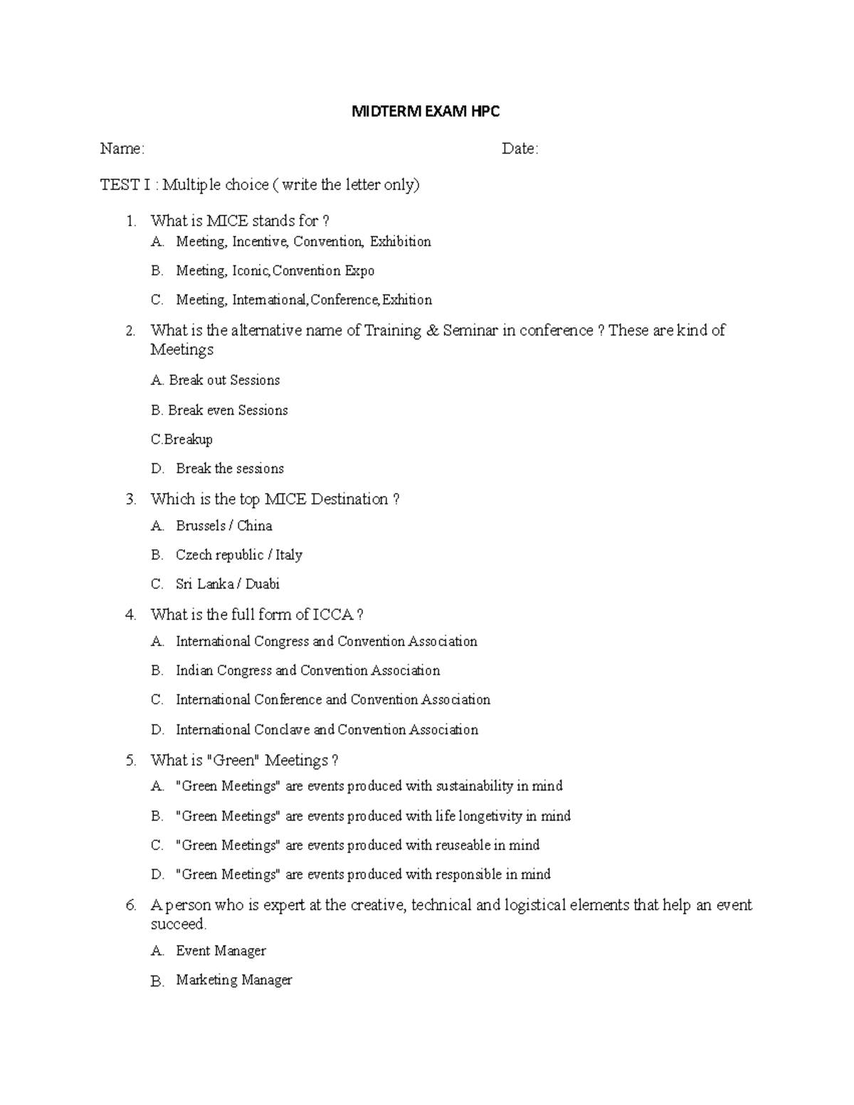 Meeting, Incentives, Conference, and Exhibitions - MIDTERM EXAM HPC ...
