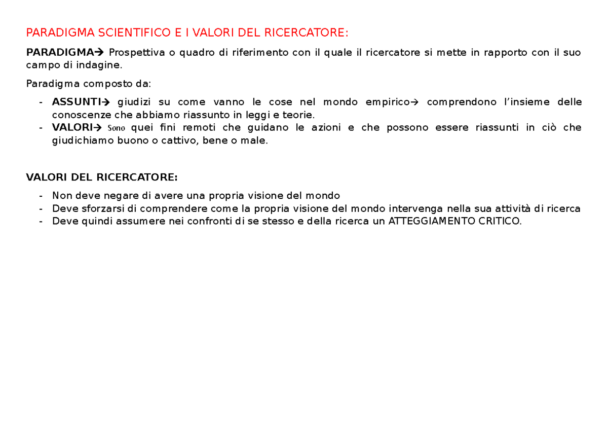 Paradigma Scientifico E I Valori DEL Ricercatore - metodologia della ...