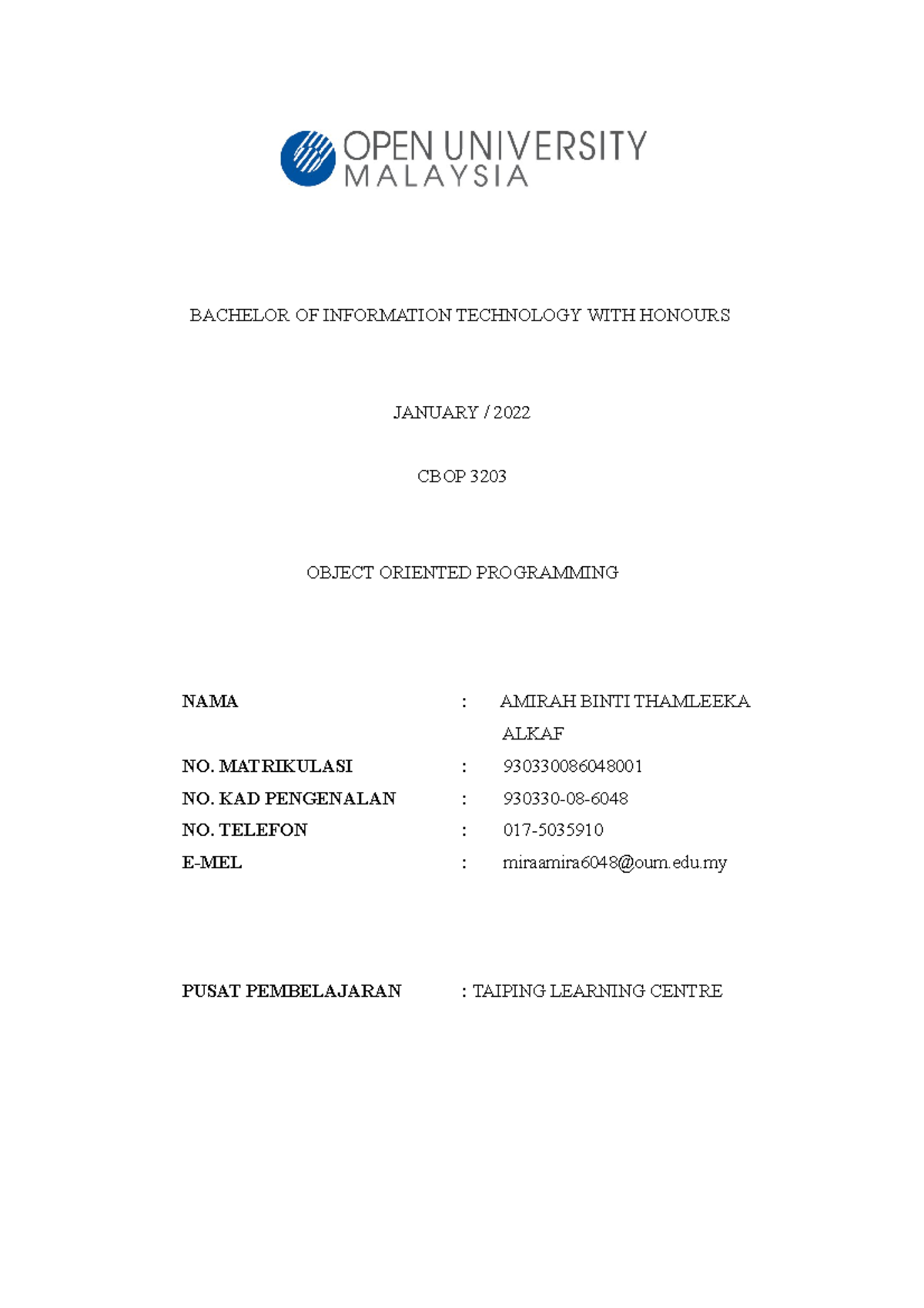 Assignment - rujukan sahaja - BACHELOR OF INFORMATION TECHNOLOGY WITH ...