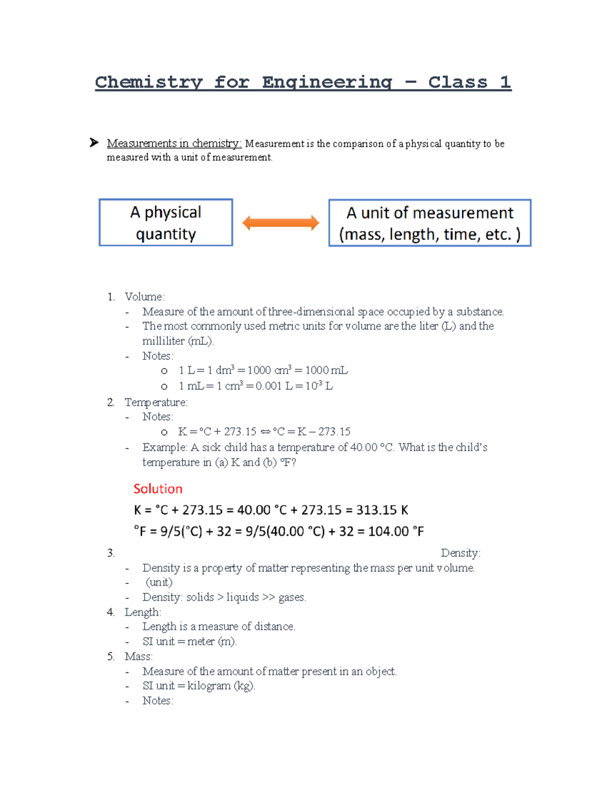 Class-1 - Sum - Chemistry for Engineering – Class 1 Measurements in ...