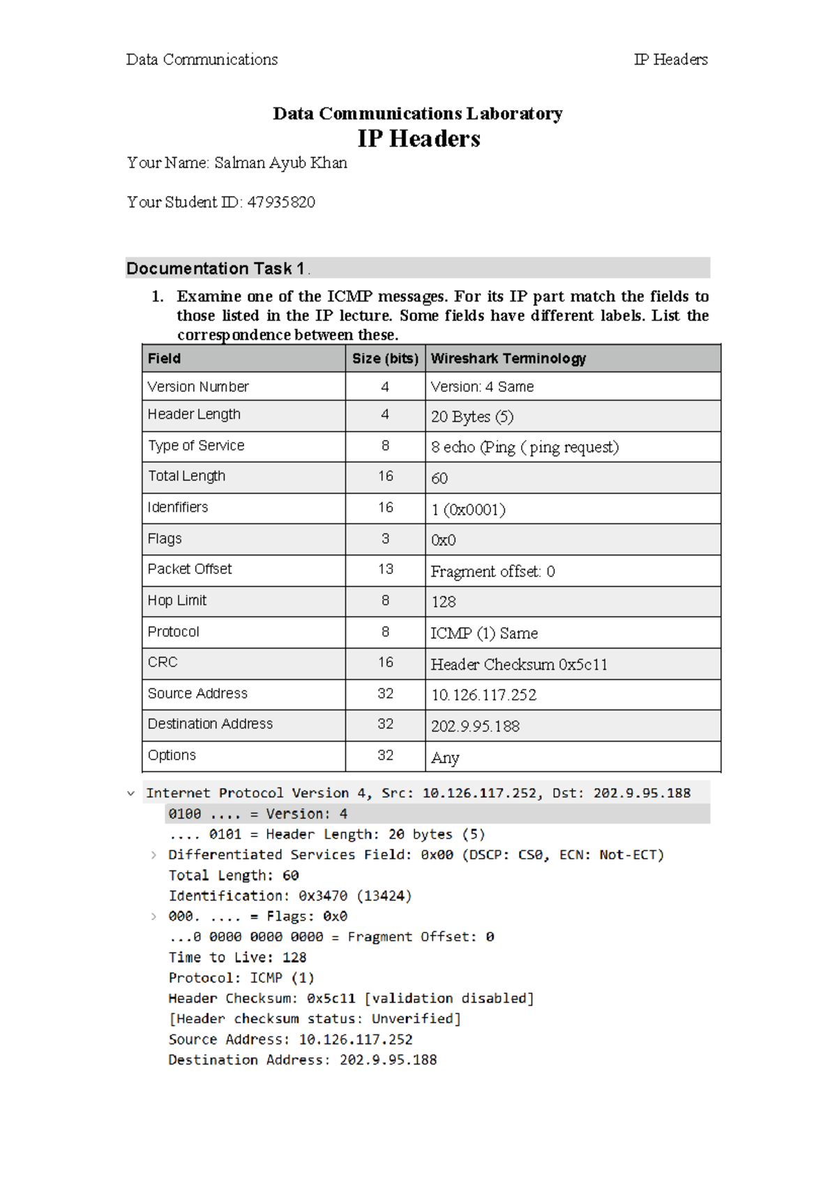 Practical - IP Headers - Solved - Data Communications Laboratory IP Headers Your Name: Salman ...