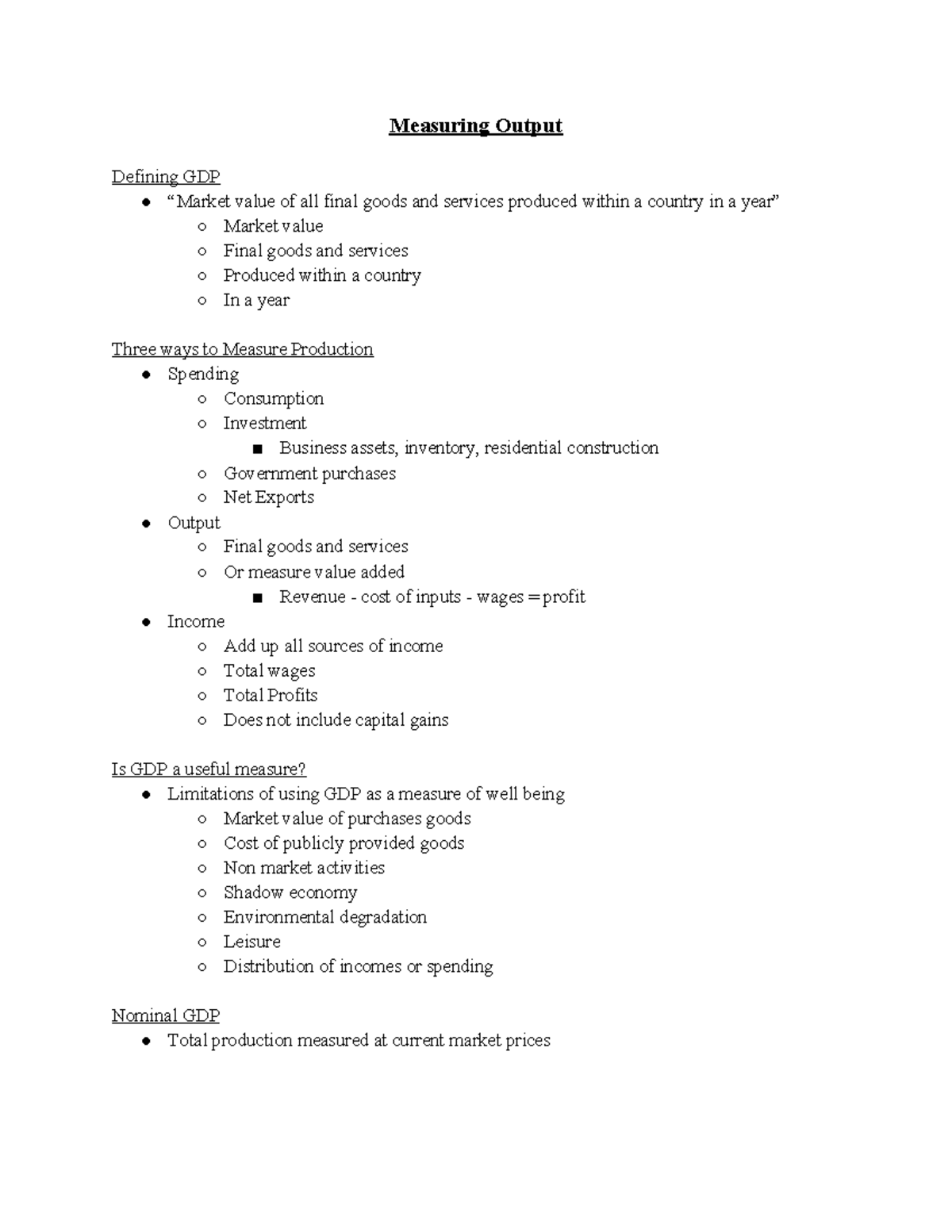 Ch. 9 Measuring Output - Ch 9 lecture notes - Measuring Output Defining ...