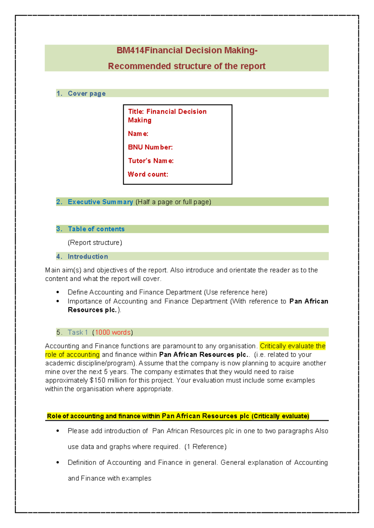 FDM Recommended report structure (2) - BM414Financial Decision Making ...