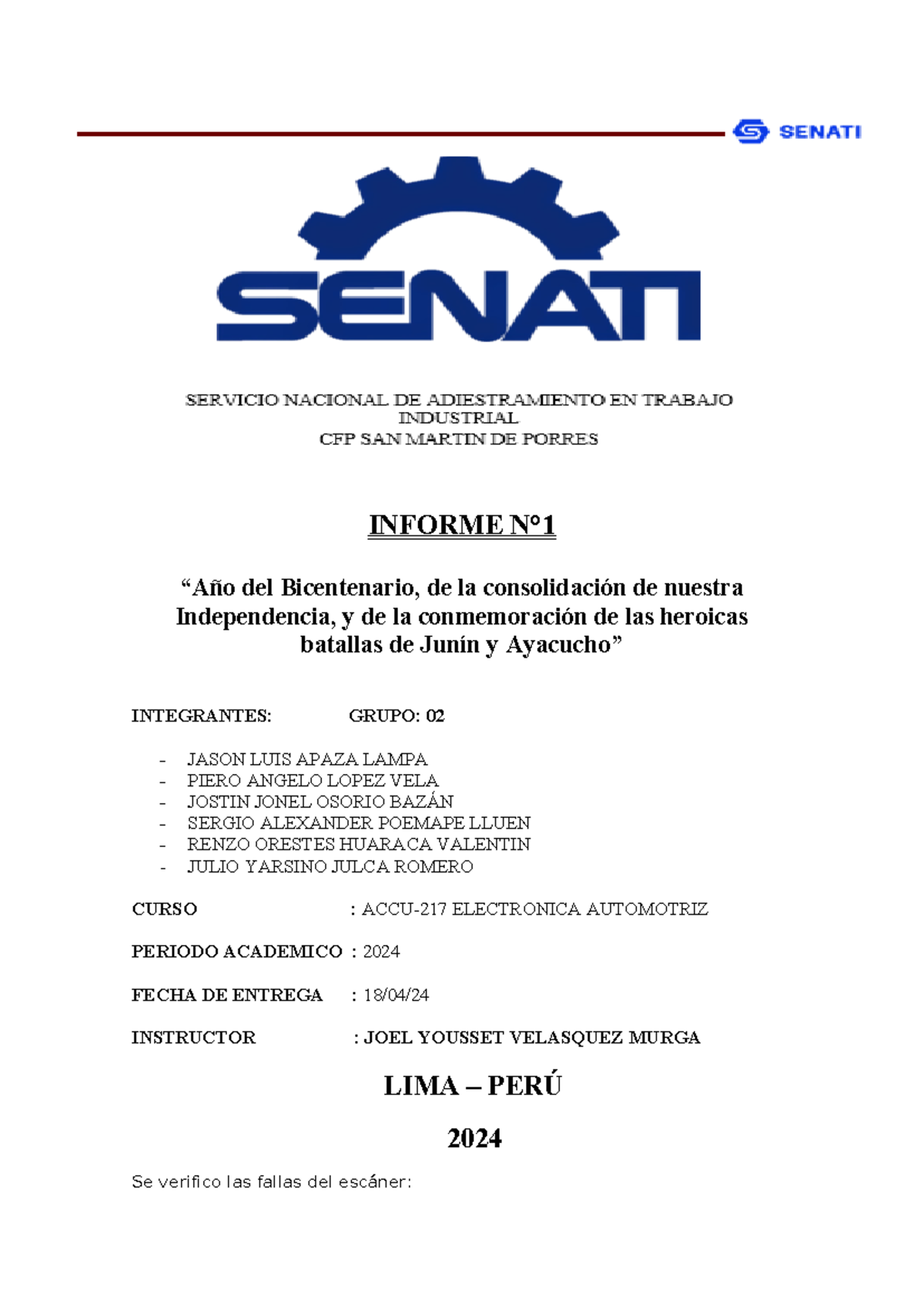 Informe de eletronica - asdfasf - INFORME N° “Año del Bicentenario, de ...