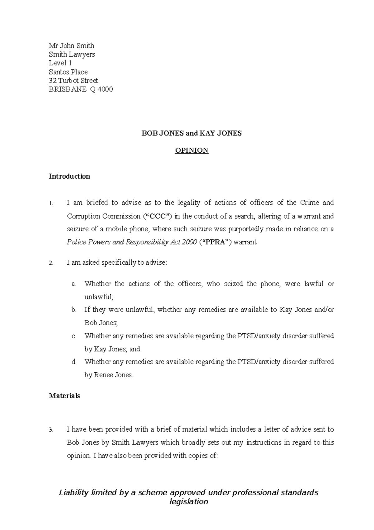 Example Advice on Evidence - Mr John Smith Smith Lawyers Level 1 Santos ...