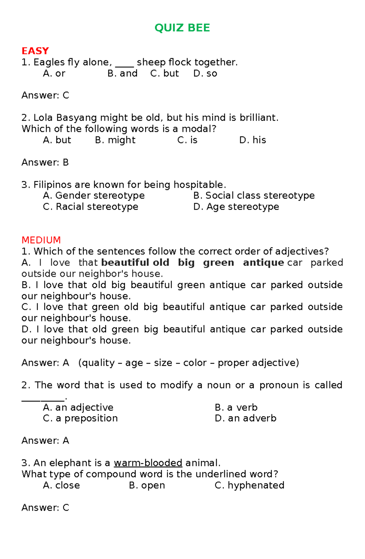 QUIZ BEE English Festival 2024-2025 - QUIZ BEE EASY Eagles fly alone ...