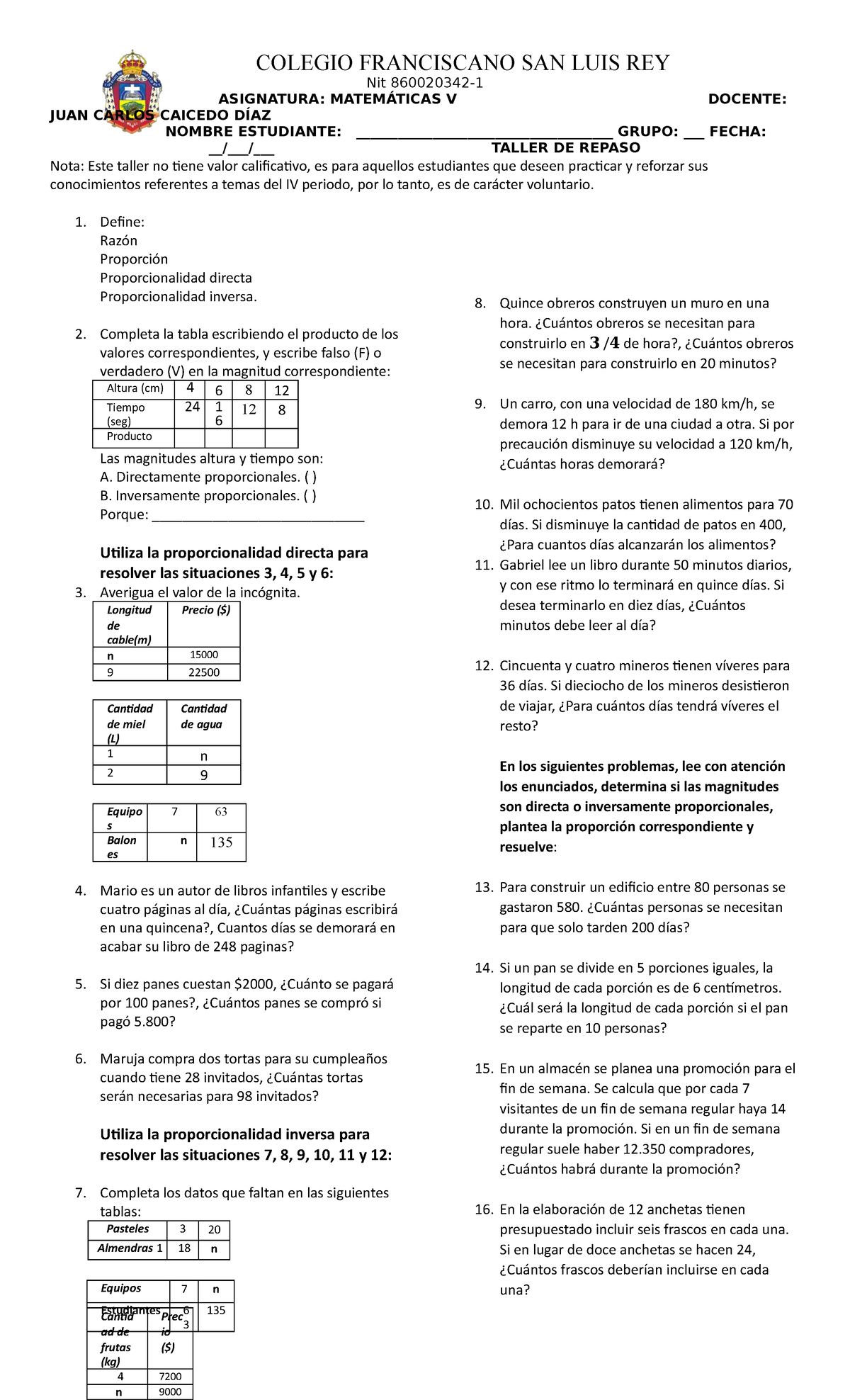 V Taller de repaso proporcionalidad directa e inversa. 2022 - COLEGIO ...