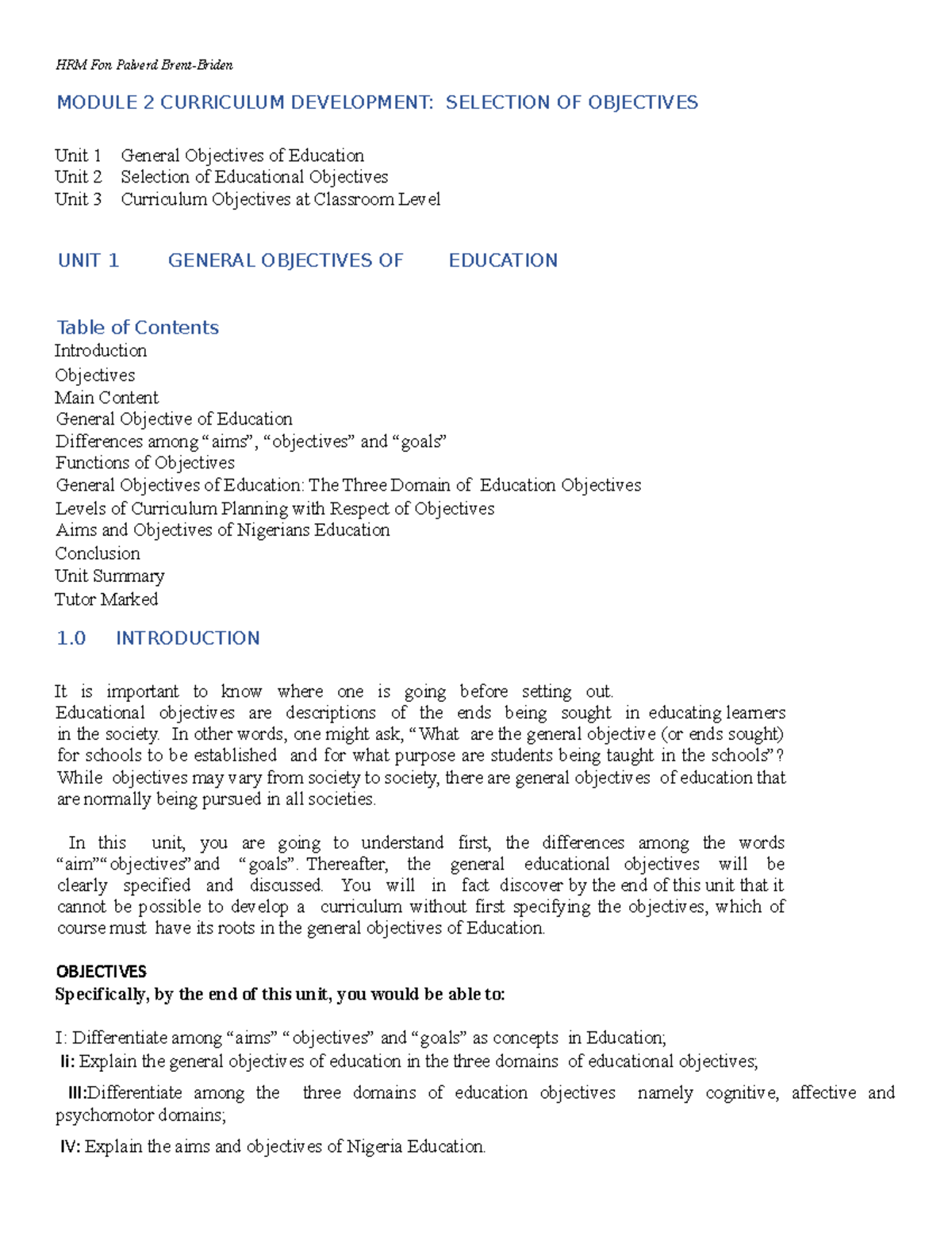 Unit four curriculum development - HRM Fon Palverd Brent-Briden MODULE ...